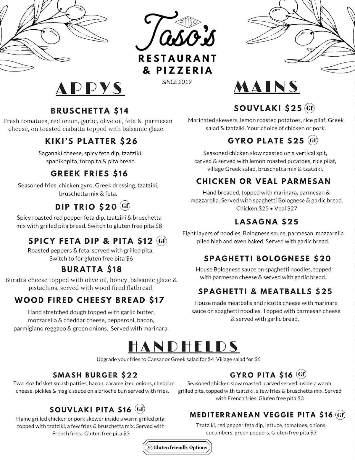 Menu at Taso's Restaurant and Pizzeria, Kawartha Lakes