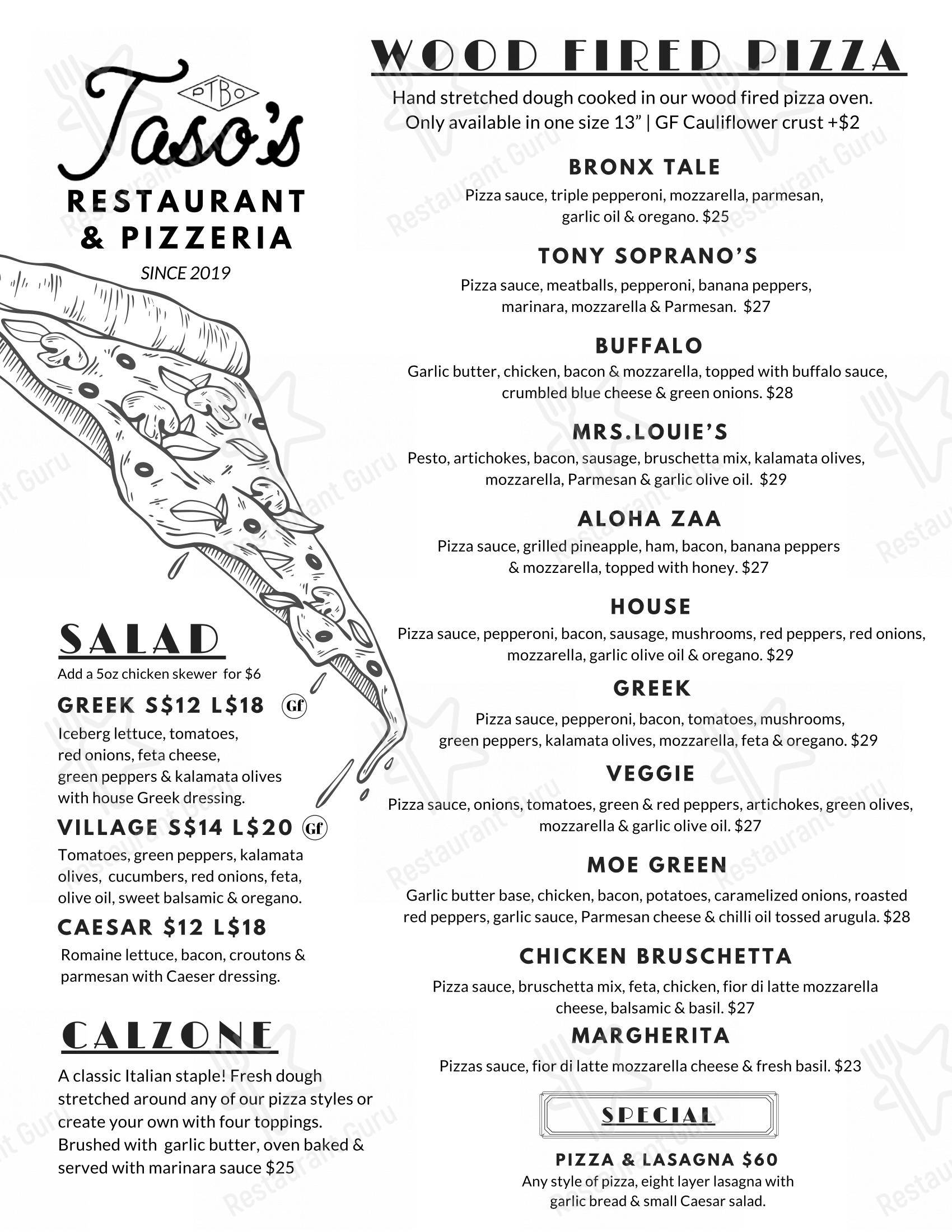 Menu at Taso's Restaurant and Pizzeria, Kawartha Lakes
