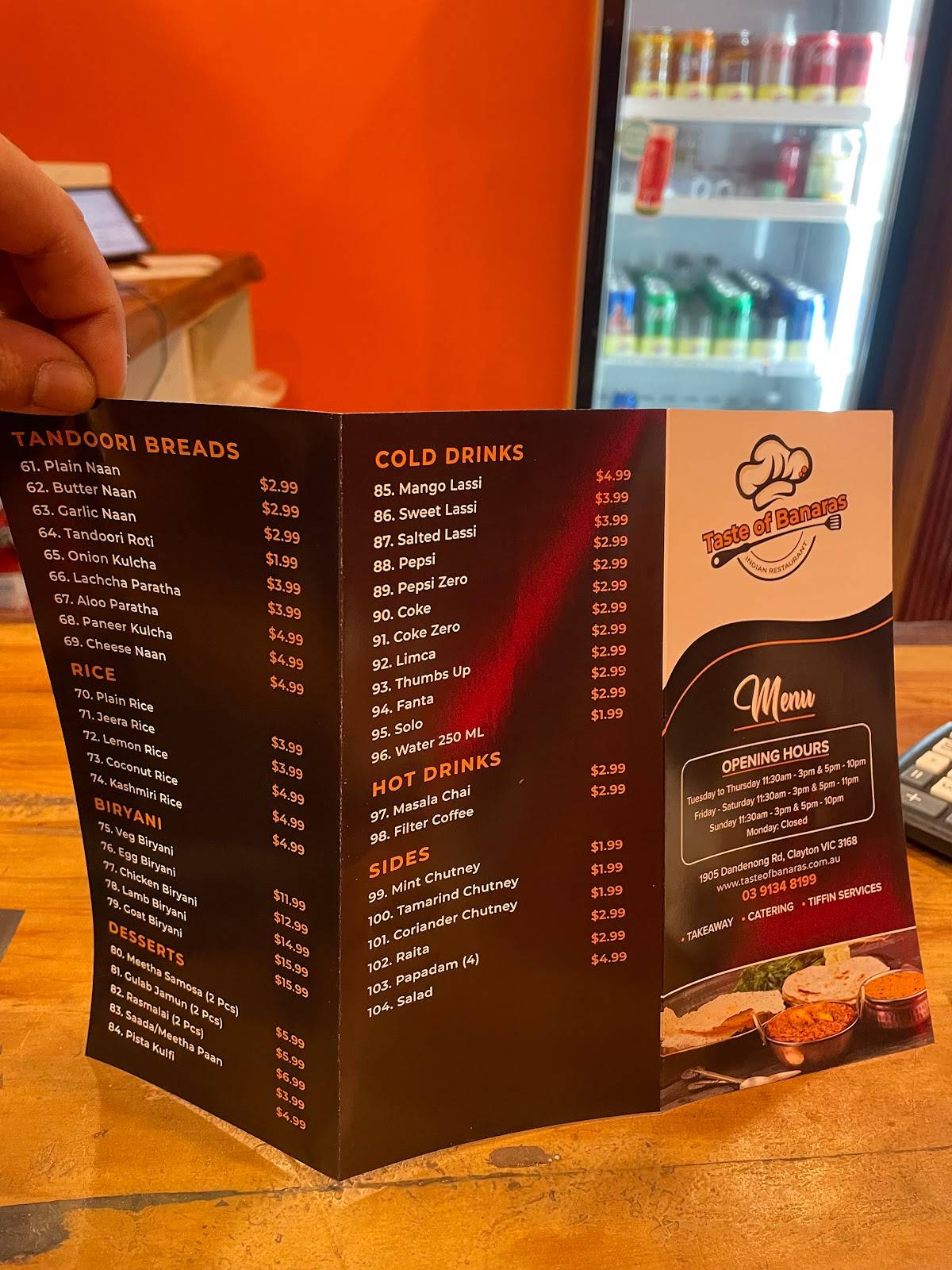 Menu at Taste Of Banaras Indian Restaurant, Clayton