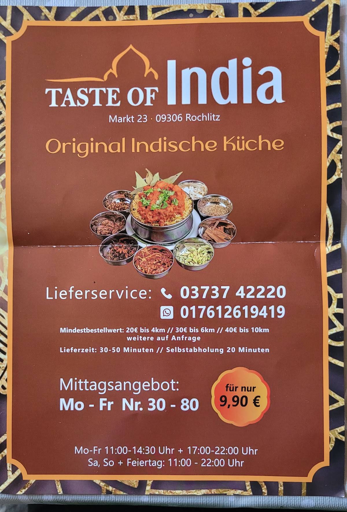 Speisekarte von Taste of India restaurant, Rochlitz