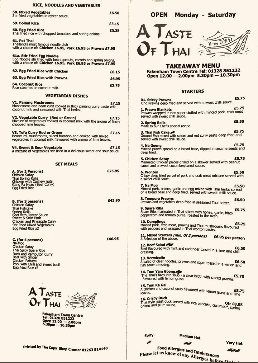 Menu at Taste of Thai Restaurant, Fakenham