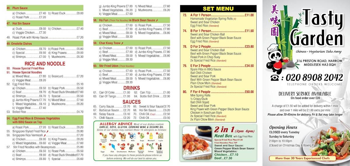 Menu at Tasty Garden restaurant, Harrow, 316 Preston Rd