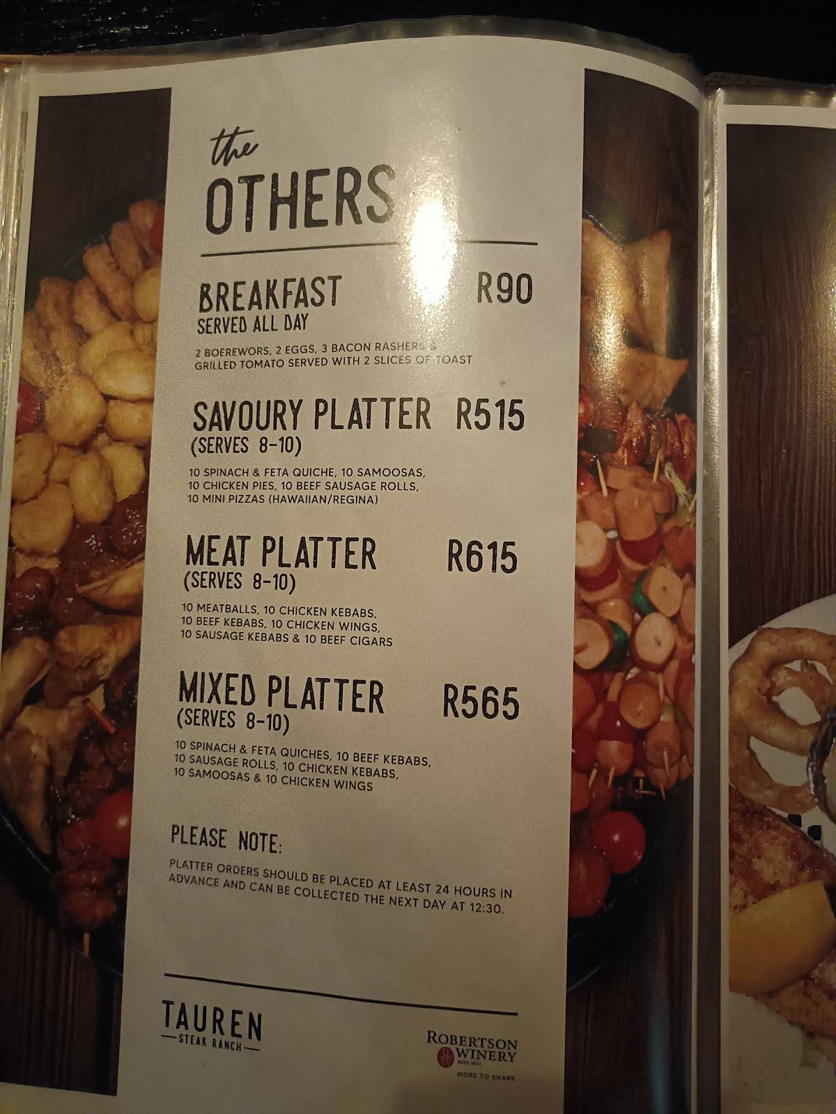 Menu at Tauren Steak Ranch Springbok steakhouse, Springbok