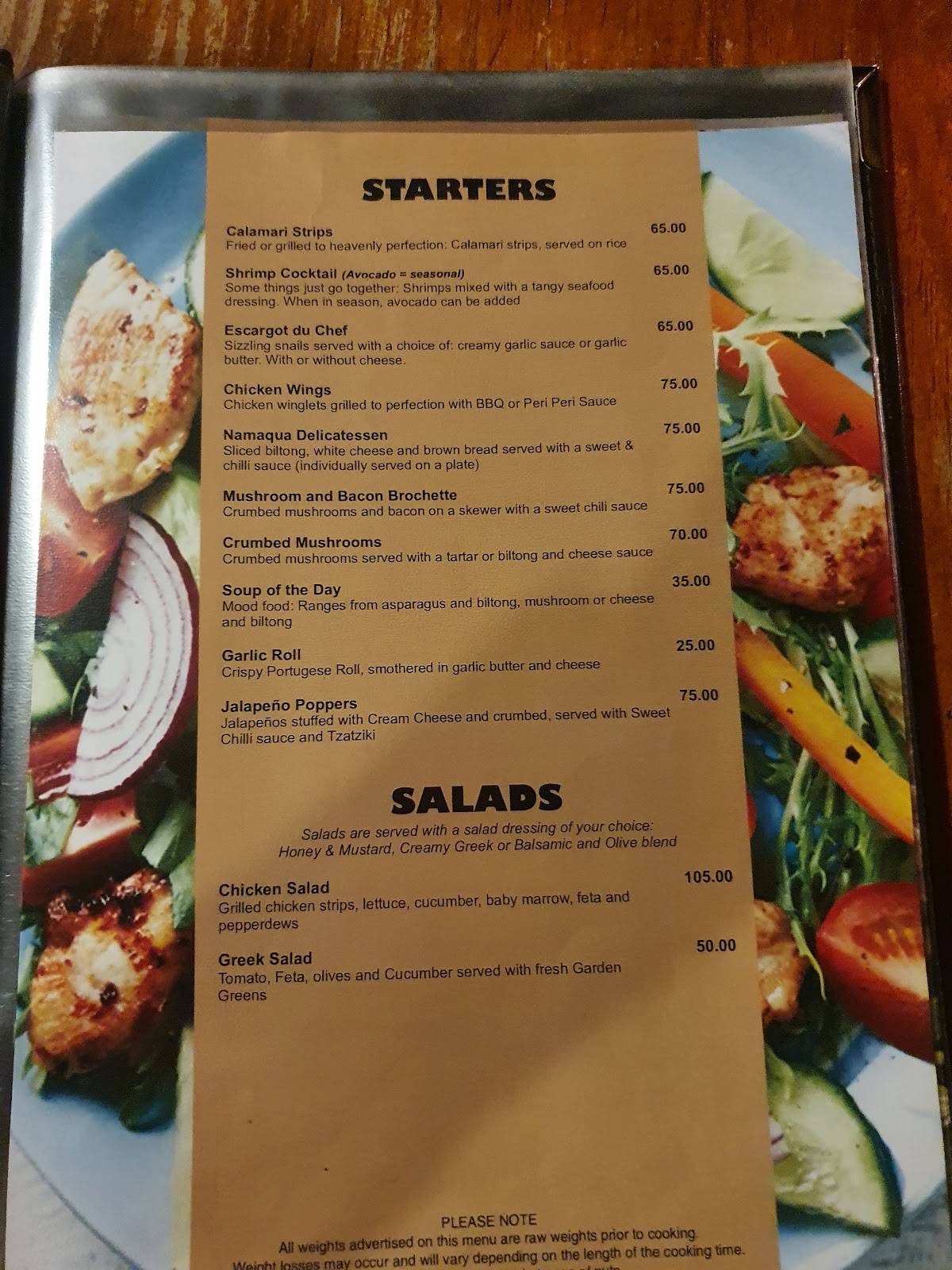 Menu at Tauren Steak Ranch Springbok steakhouse, Springbok