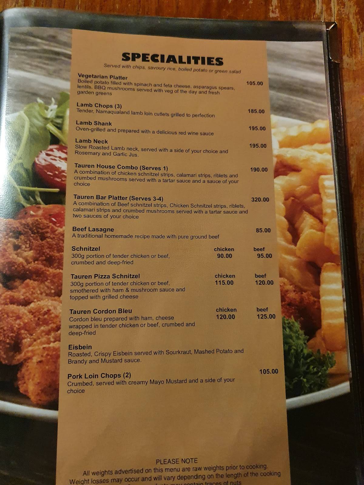 Menu at Tauren Steak Ranch Springbok steakhouse, Springbok