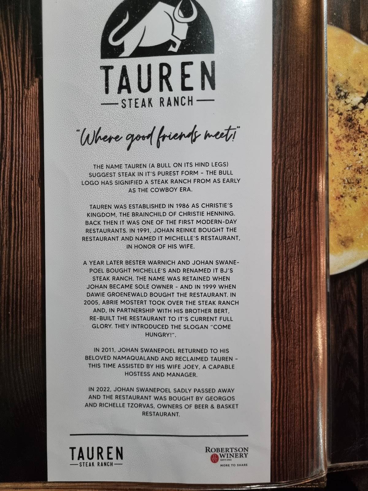 Menu at Tauren Steak Ranch Springbok steakhouse, Springbok
