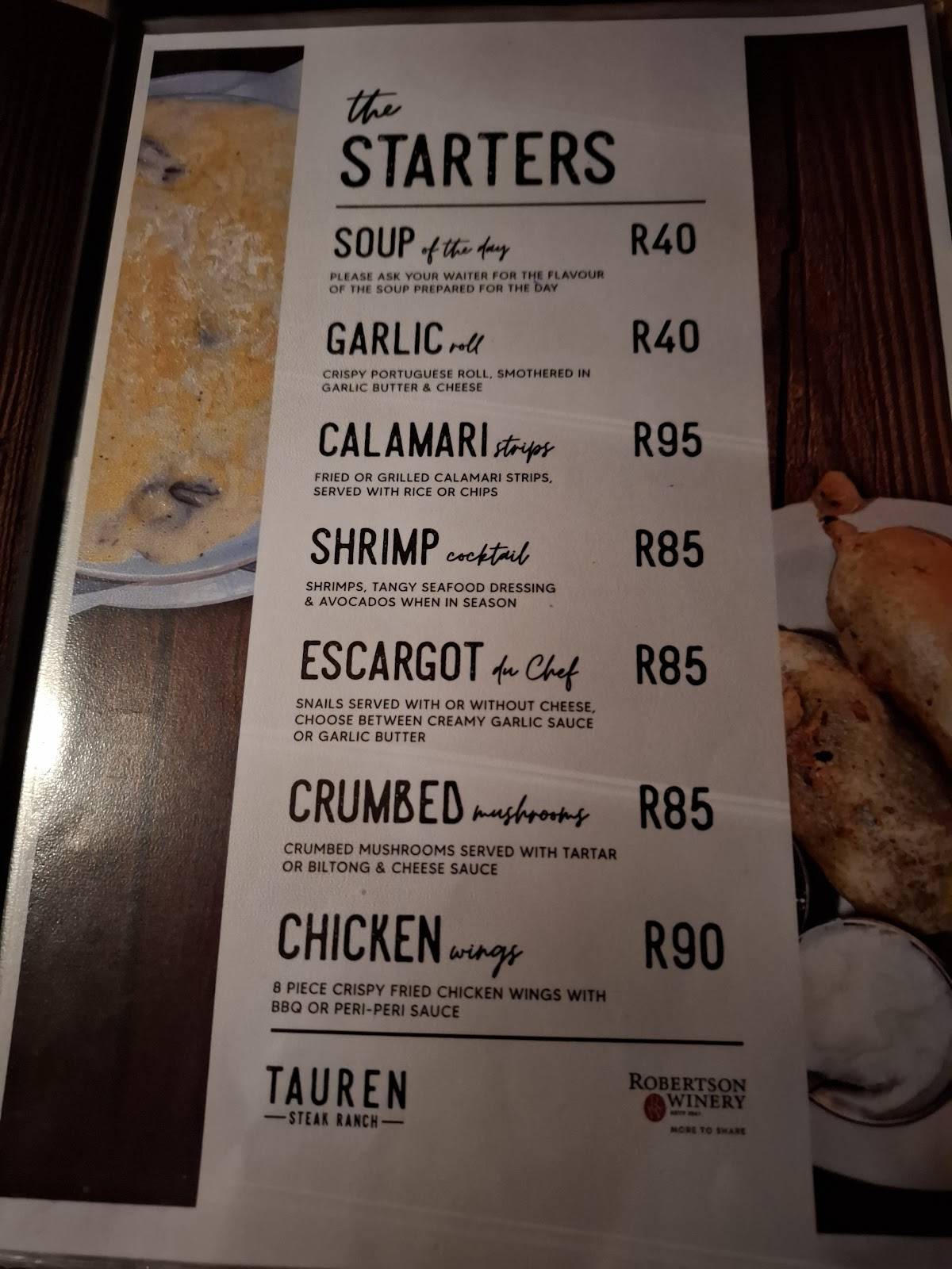 Menu at Tauren Steak Ranch Springbok steakhouse, Springbok