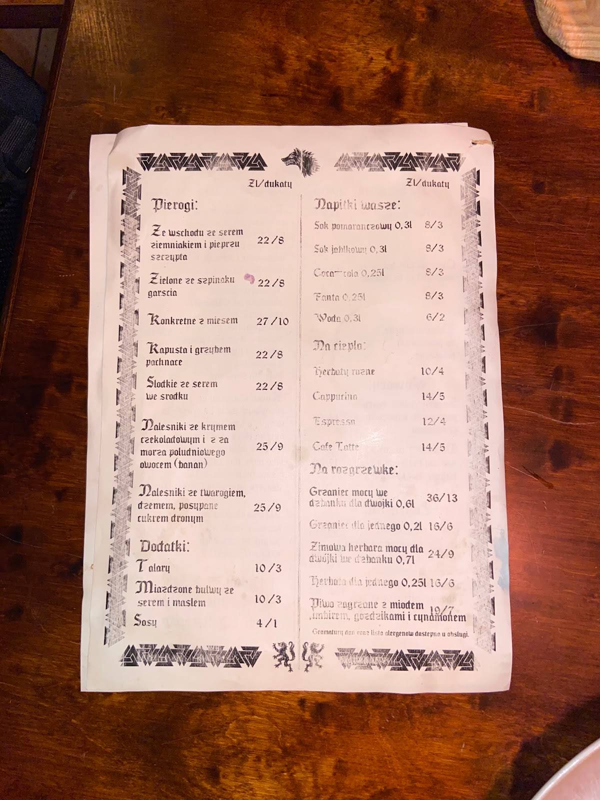 Menu at Tawerna Wilczy Dół restaurant, Kraków