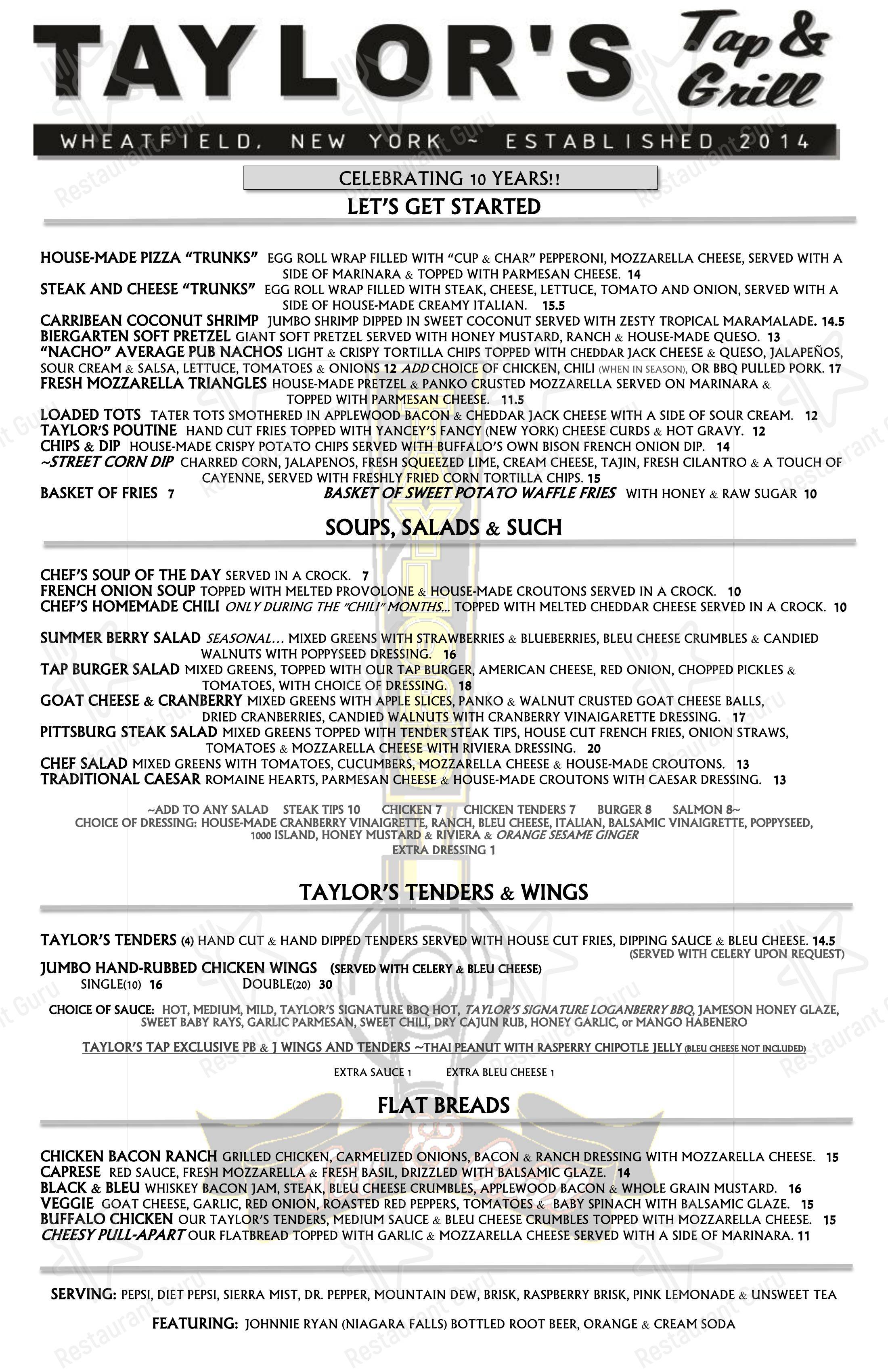 Menu at Taylor's Tap and Grill pub & bar, Niagara Falls