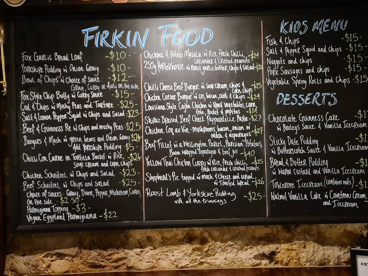 Menu at Fox & Firkin English Pub, Tea Tree Gully