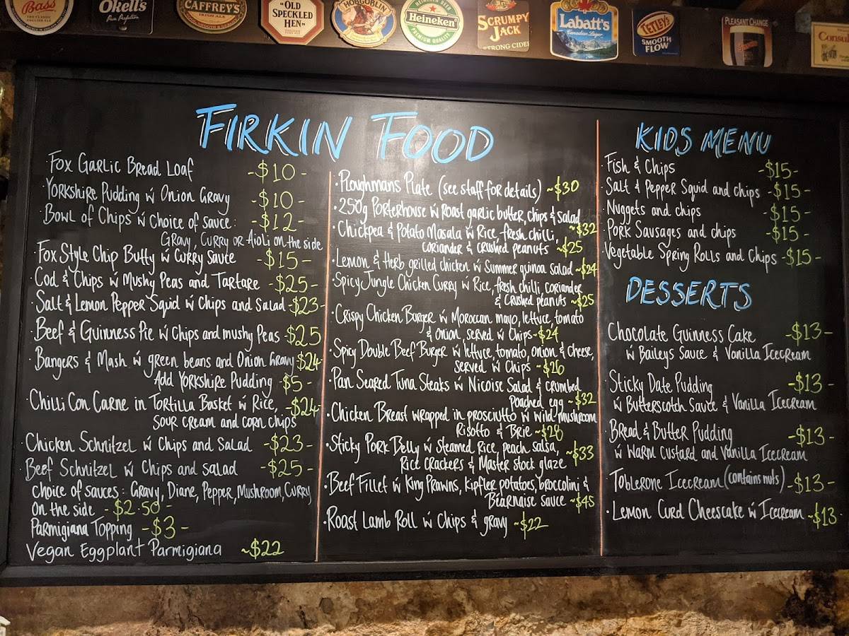 Menu at Fox & Firkin English Pub, Tea Tree Gully