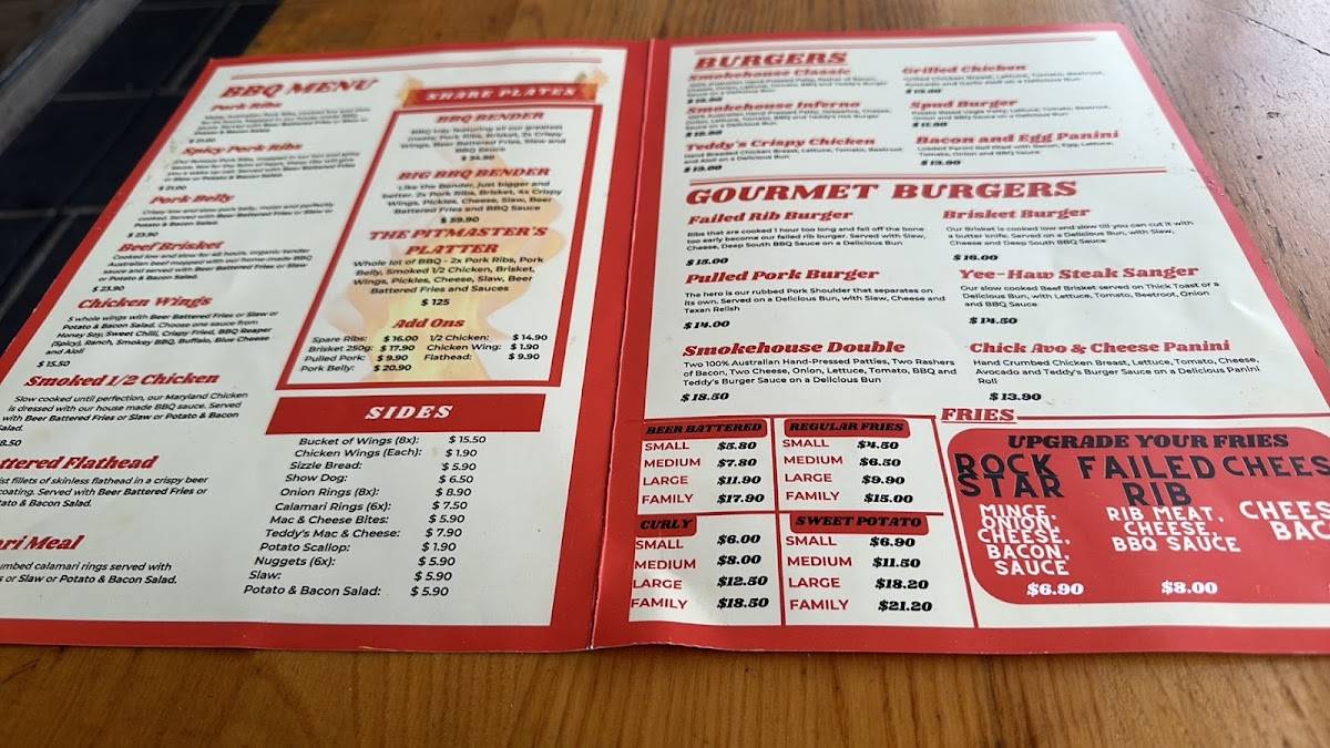 Menu at Teddy J's BBQ & Burgers, Yeronga