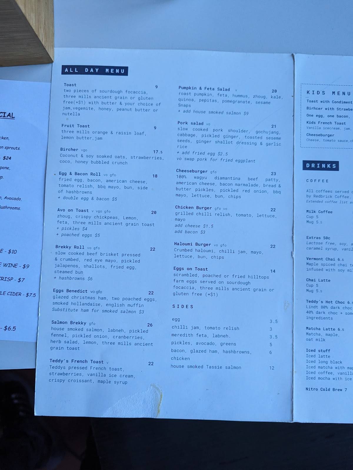 Menu at Teddy Picker's cafe, Campbell, 53/65 Constitution Ave
