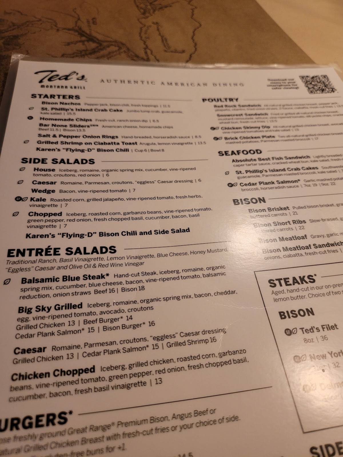 Menu at Ted's Montana Grill steakhouse, Peachtree City