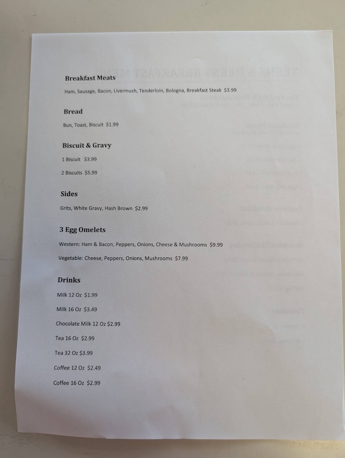 Menu at Teens & Deens Country Kitchen restaurant, Township of Taylorsville