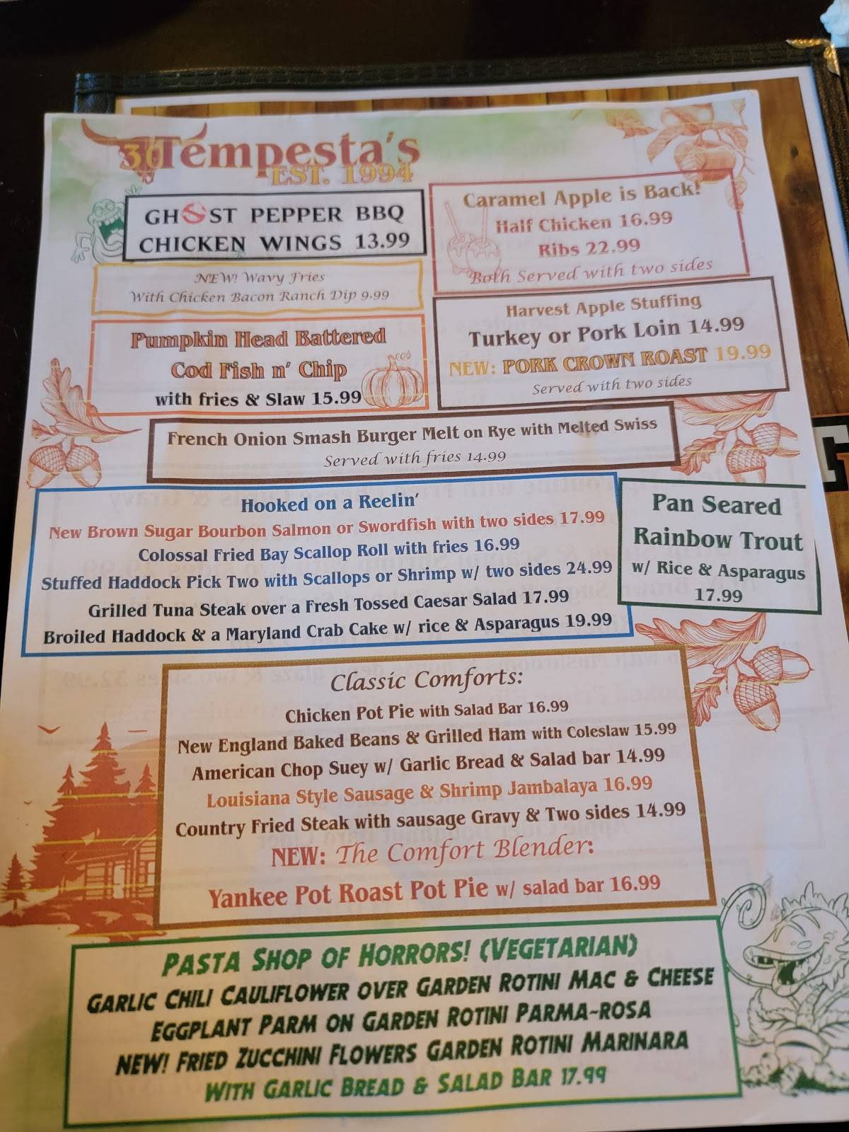 Menu at Tempesta's Restaurant, Keene