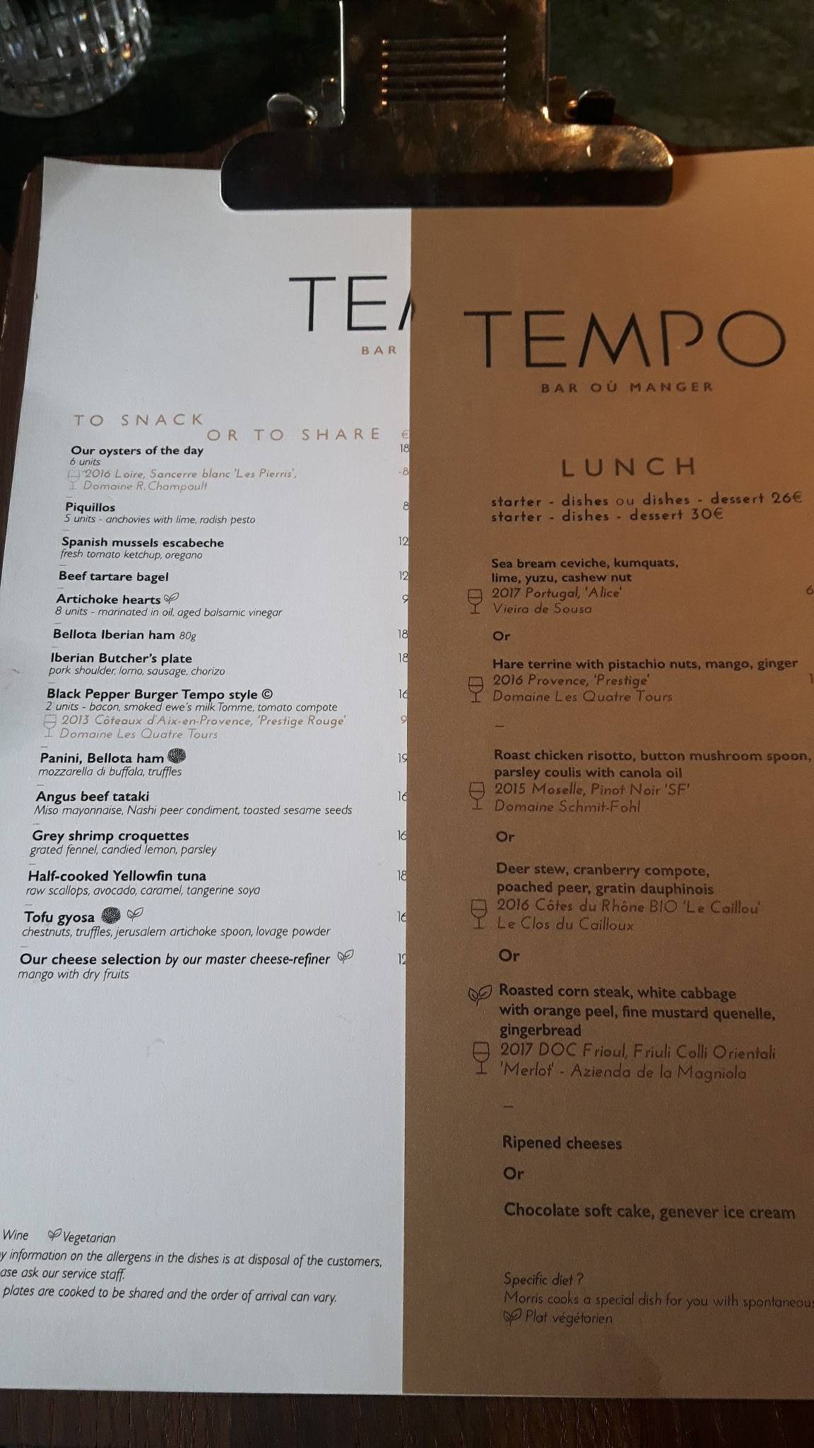 Speisekarte von Tempo pub & Bar, Luxemburg