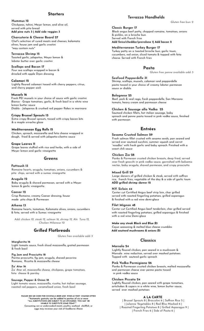 Menu at Terrazza restaurant, Smithfield