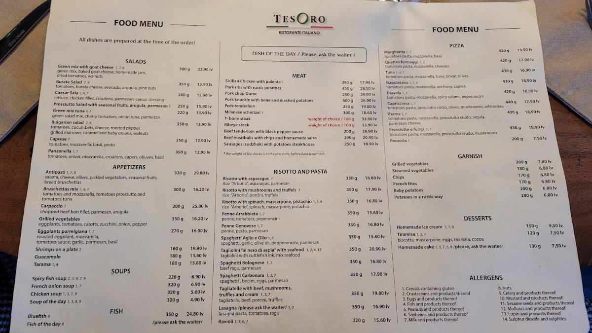 Menu at TesOro restaurant, Balchik
