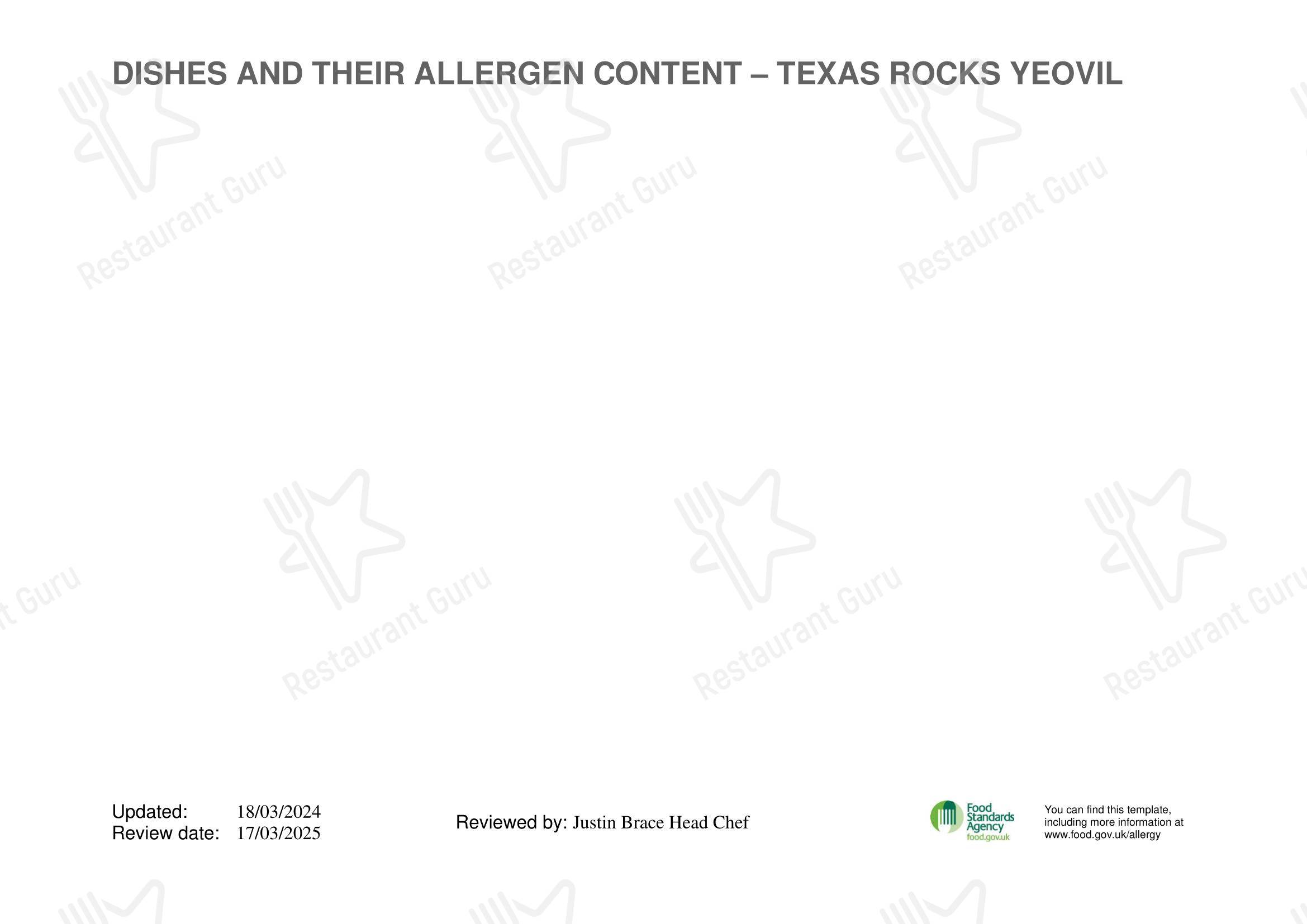 Menu at Texas Rocks restaurant, Yeovil