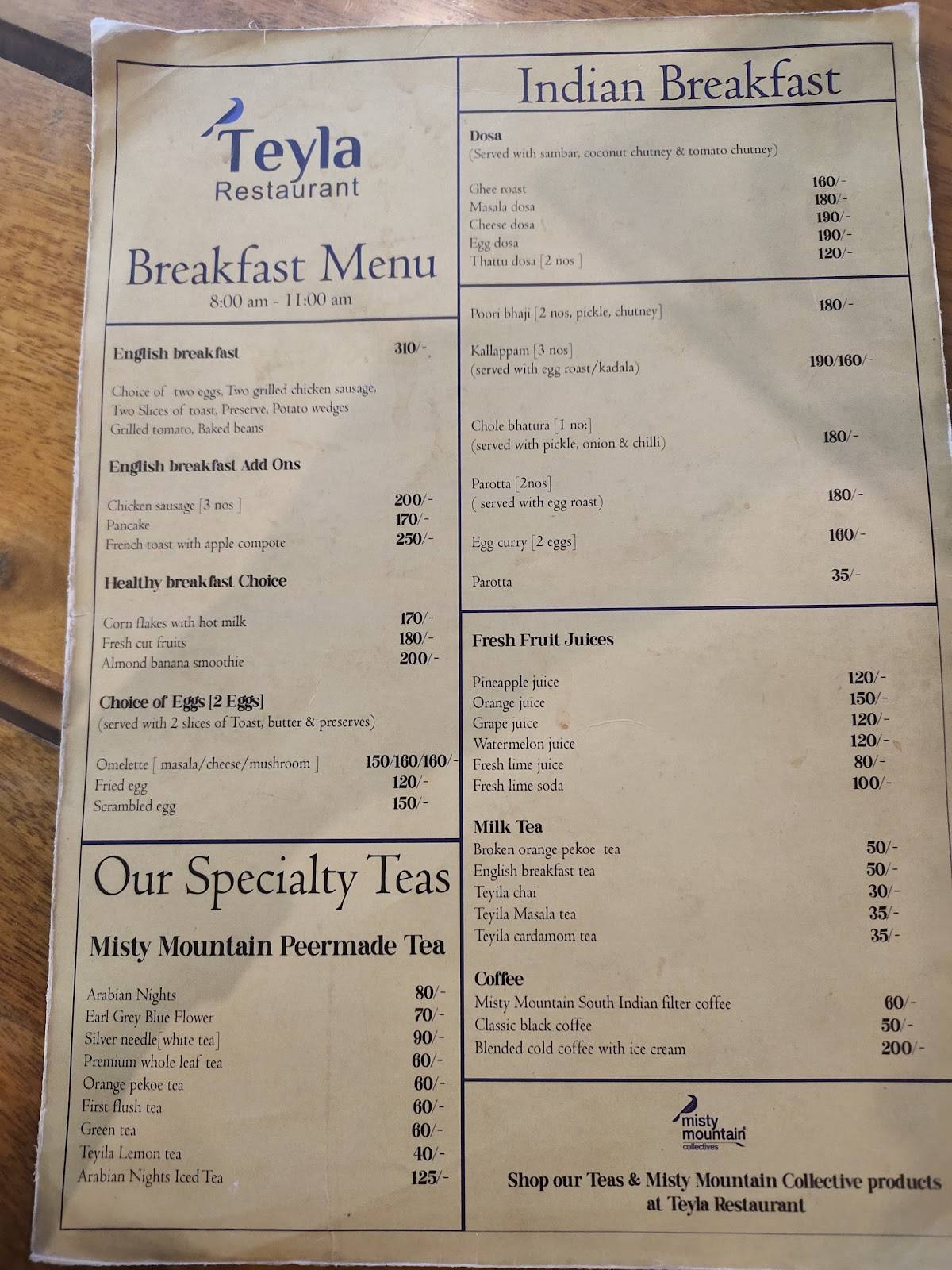 Menu at Teyla Restaurant, Kuttikkanam