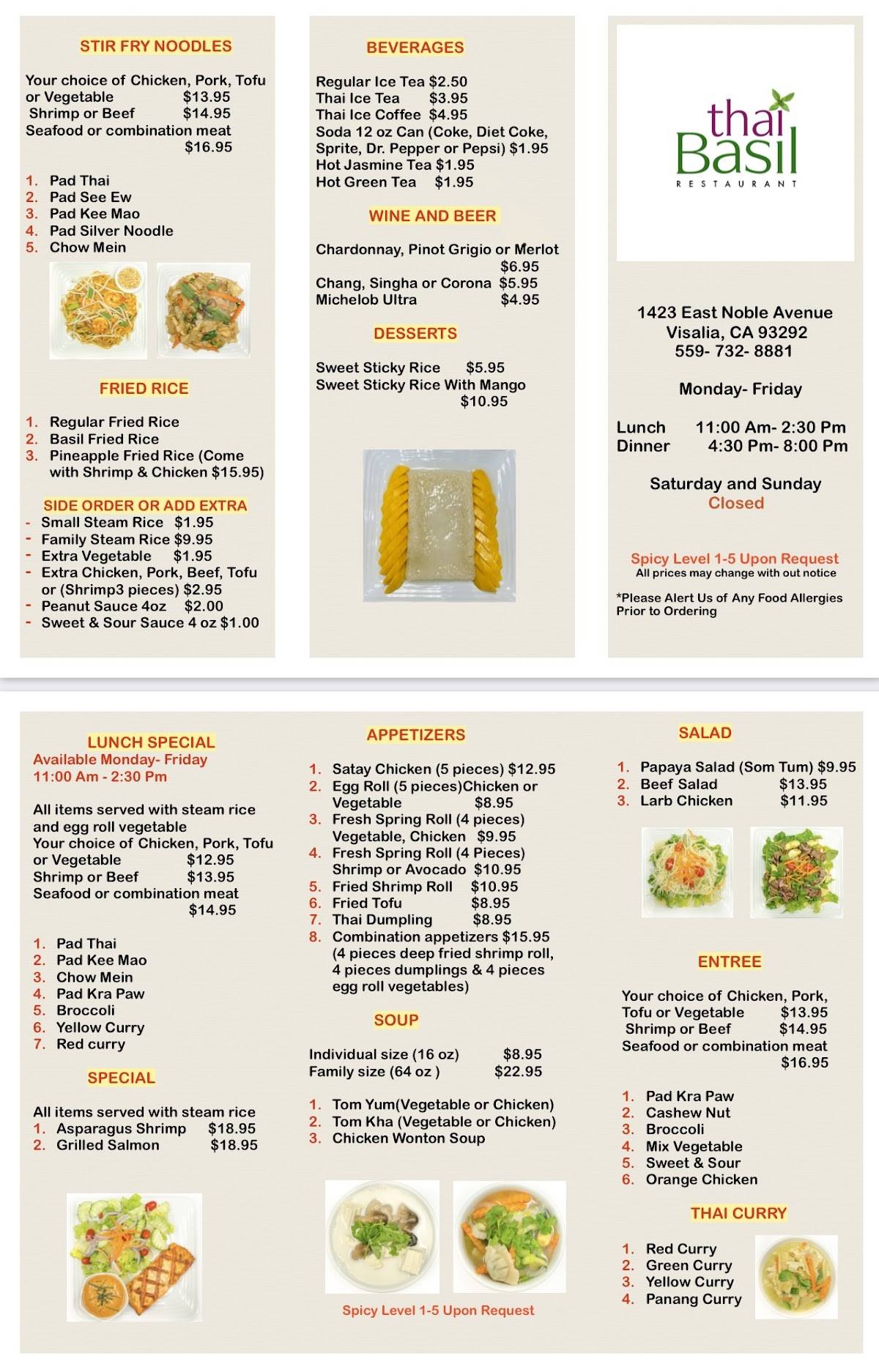 Menu at Thai Basil Restaurant, Visalia