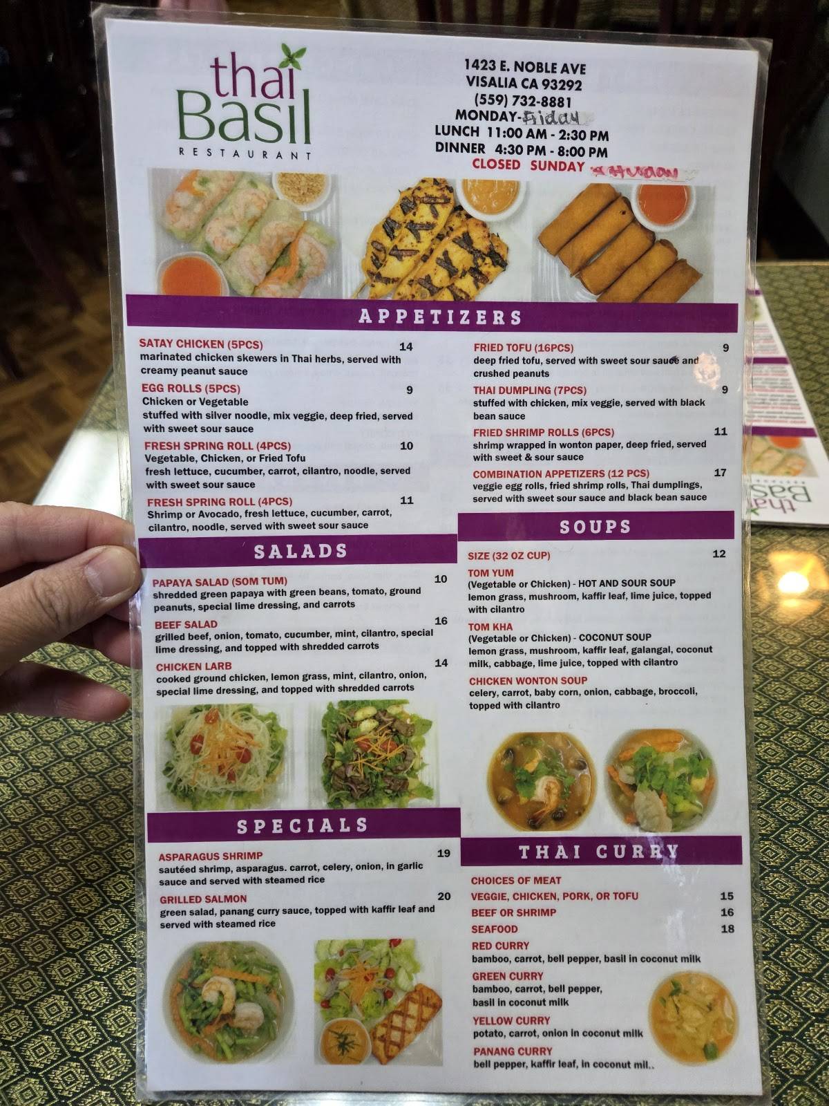 Menu at Thai Basil Restaurant, Visalia
