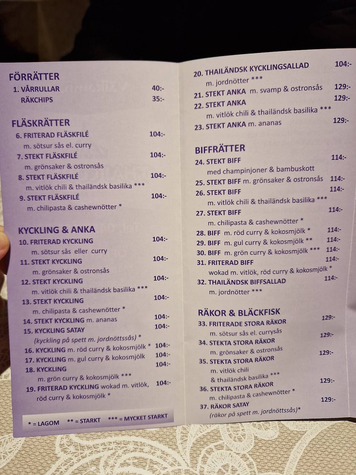 Menu at Thai Corner restaurant, Ronneby