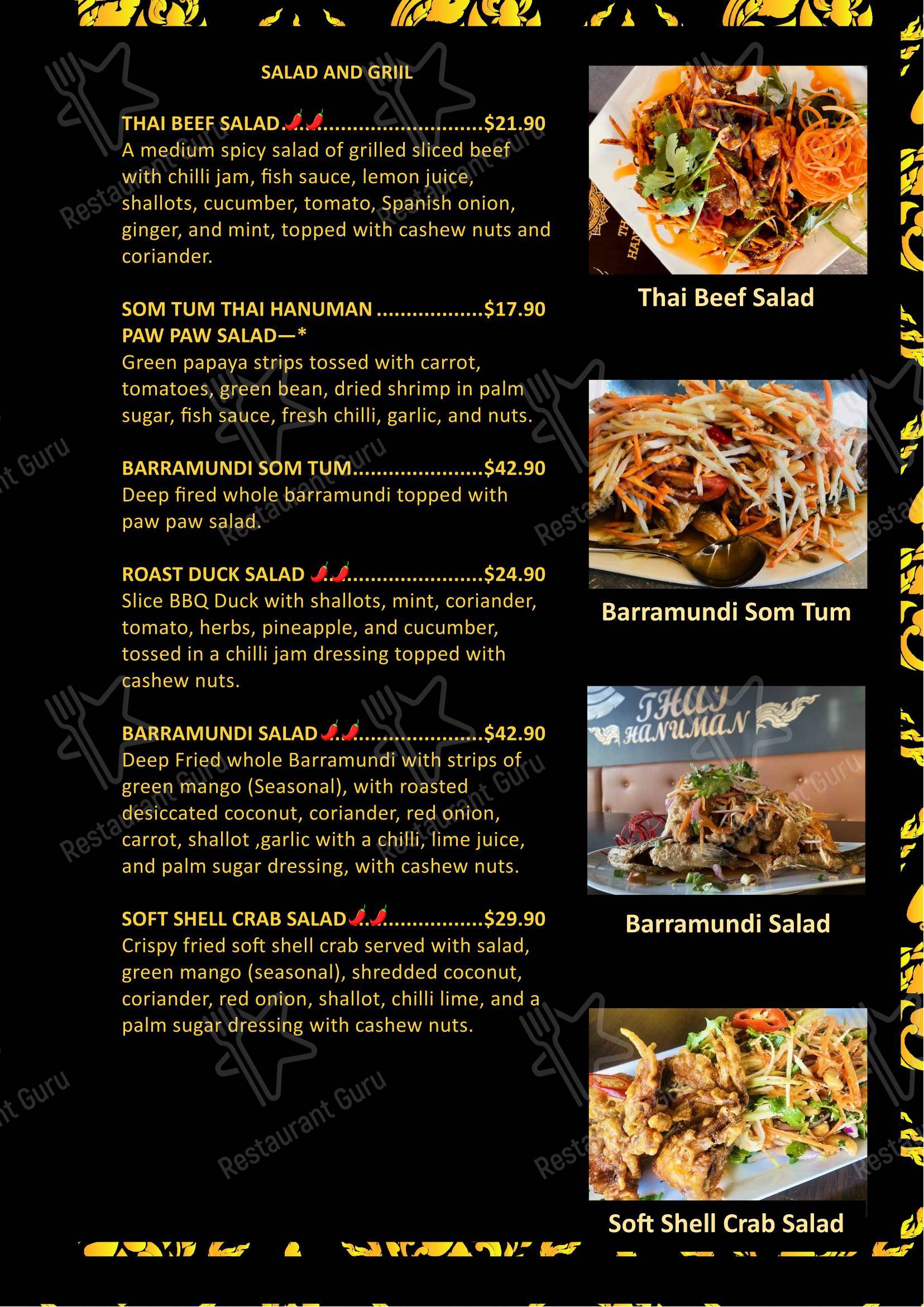 Carta del restaurante Thai Hanuman, Minchinbury