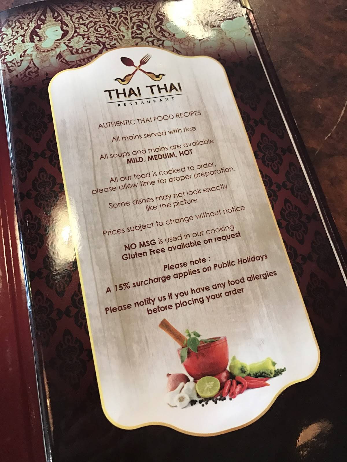 Menu at Thai Thai Restaurant, Invercargill