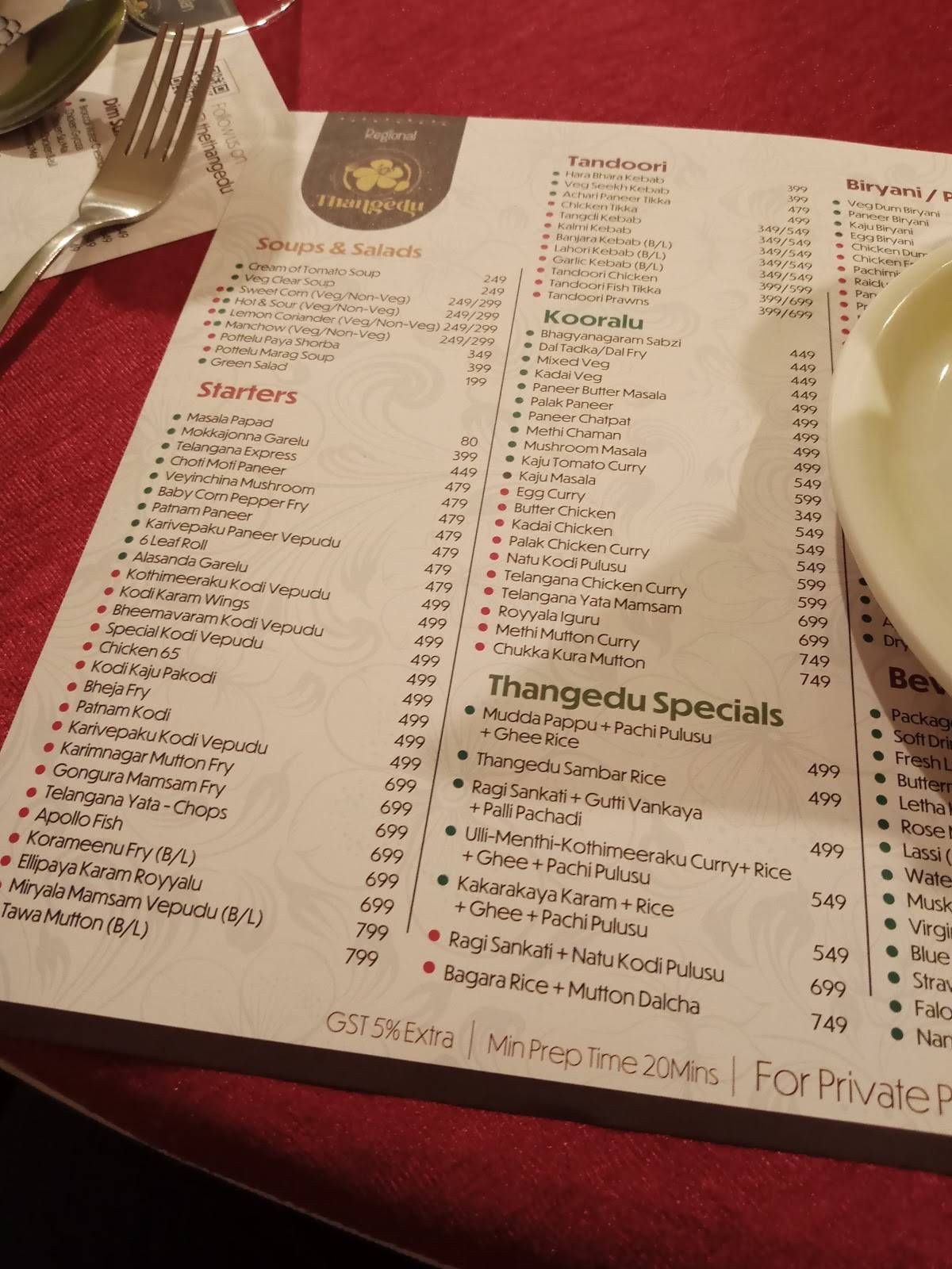 Menu at Thangedu, Rai Durg