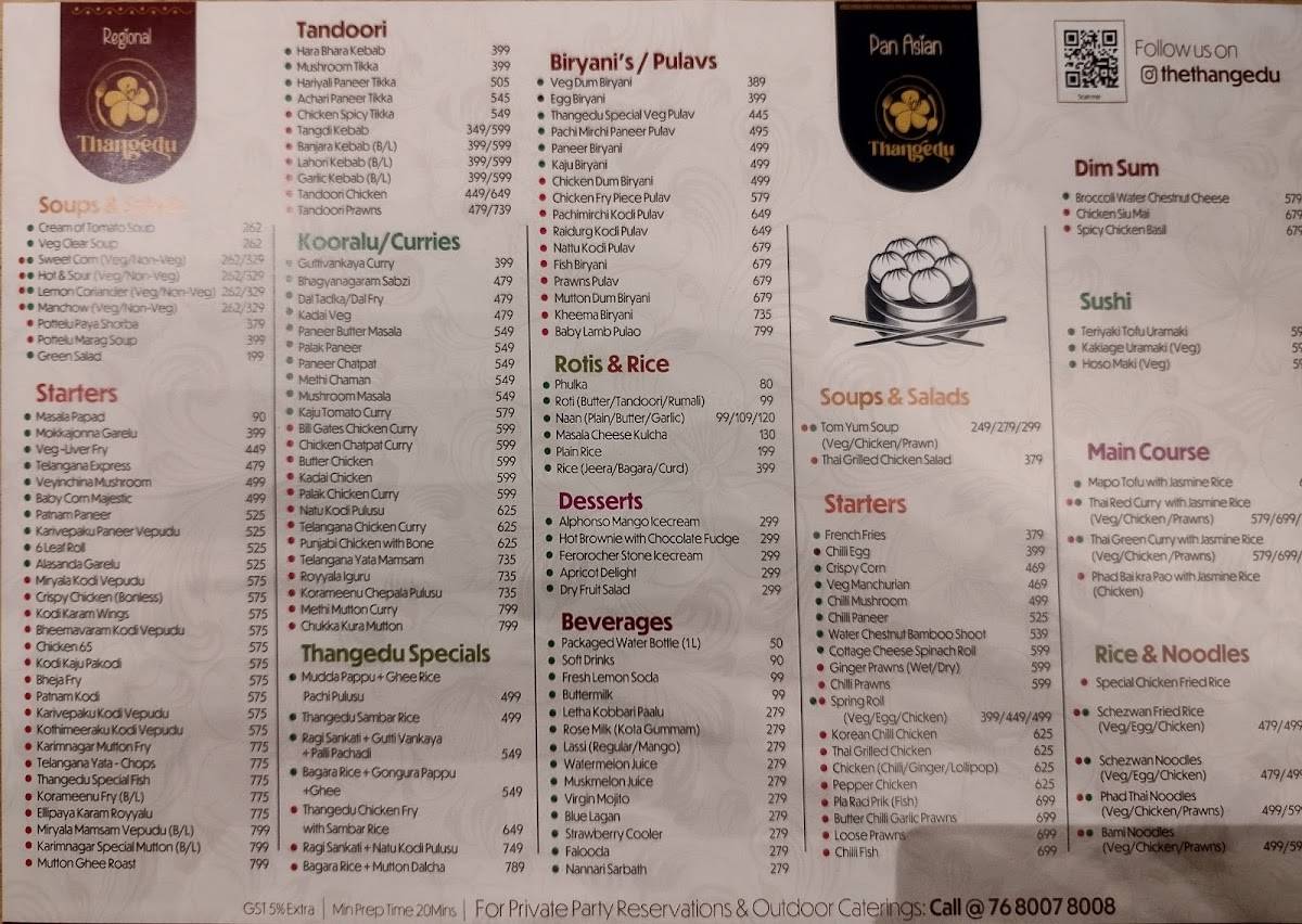 Menu at Thangedu, Rai Durg