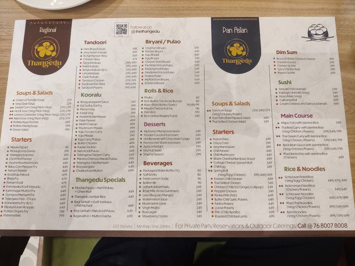 Menu at Thangedu, Rai Durg