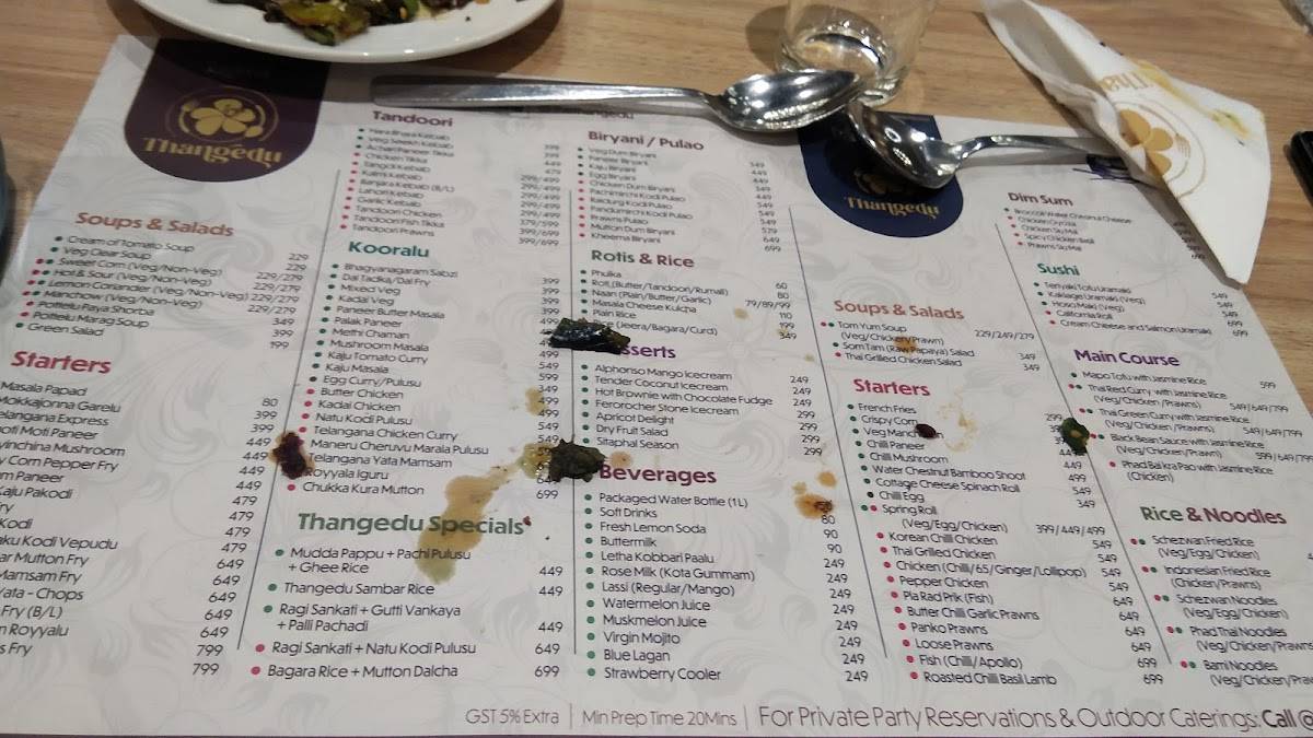 Menu at Thangedu, Rai Durg