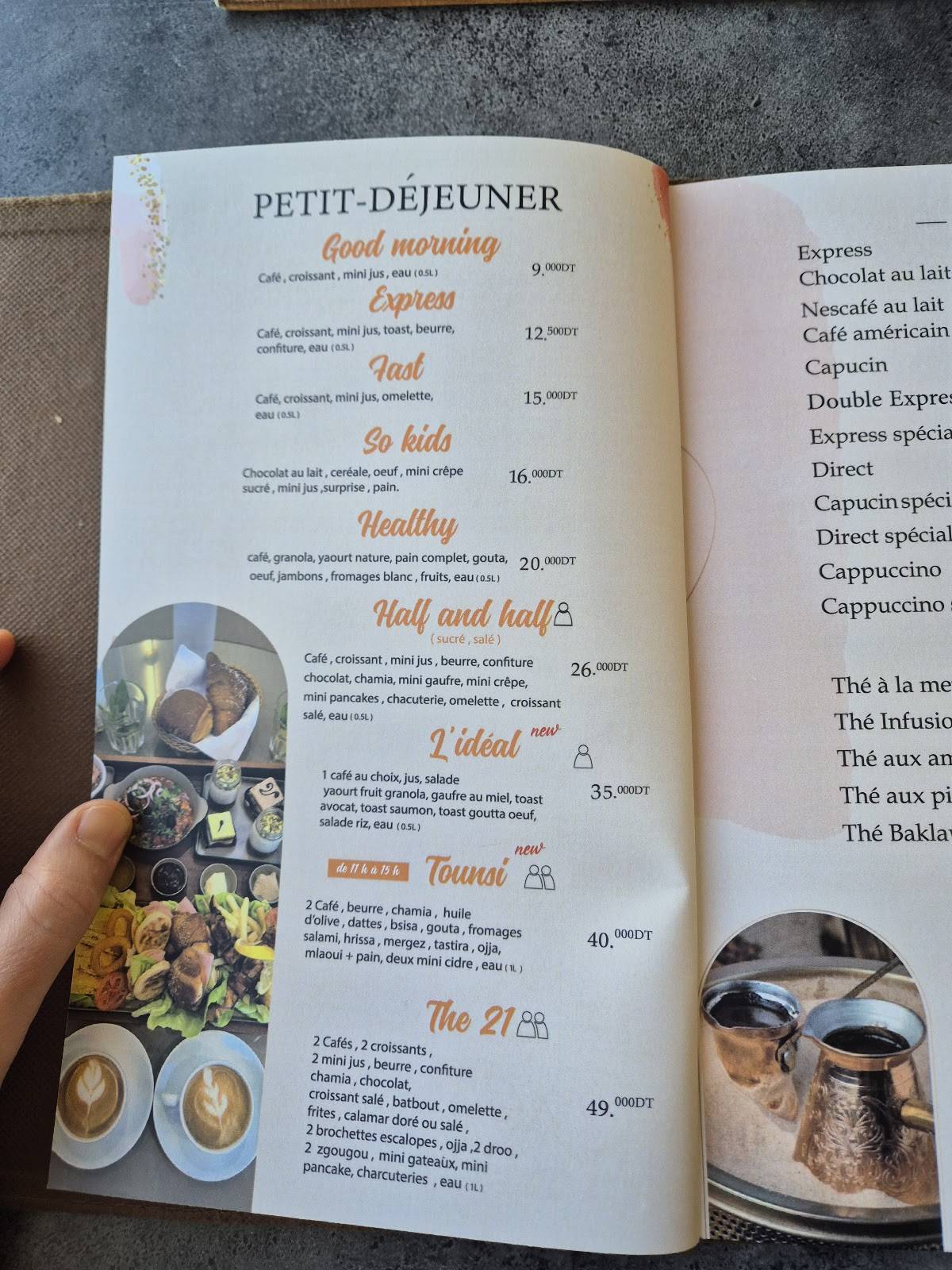 Menu at The 21 Lounge restaurant, Bou Mhel el-Bassatine