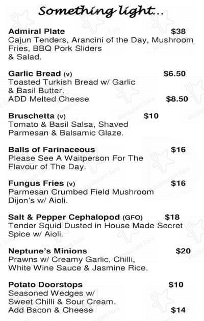 Menu at The Admiral pub & bar, Kwinana Town Centre