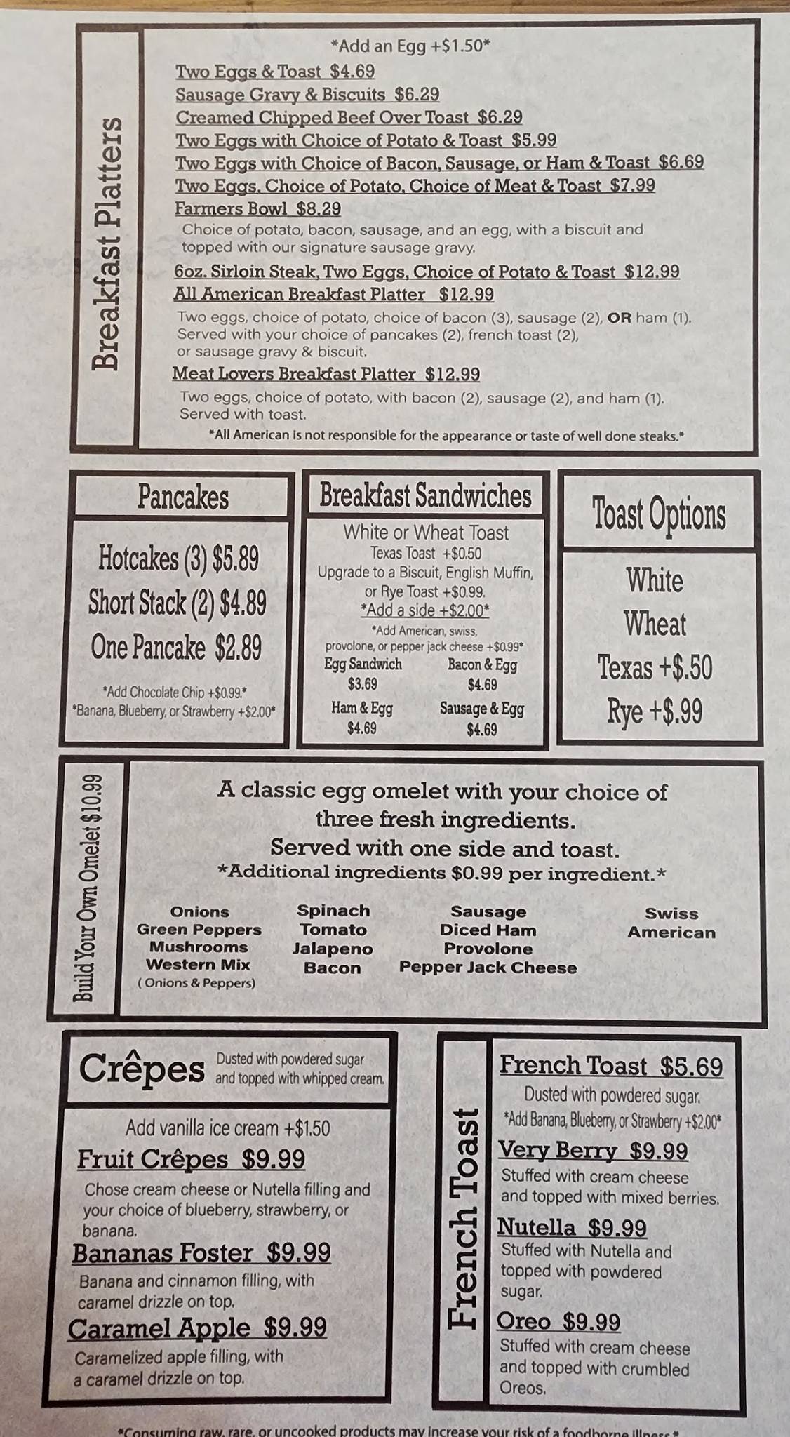 Menu at The All American Family Restaurant, Bellaire