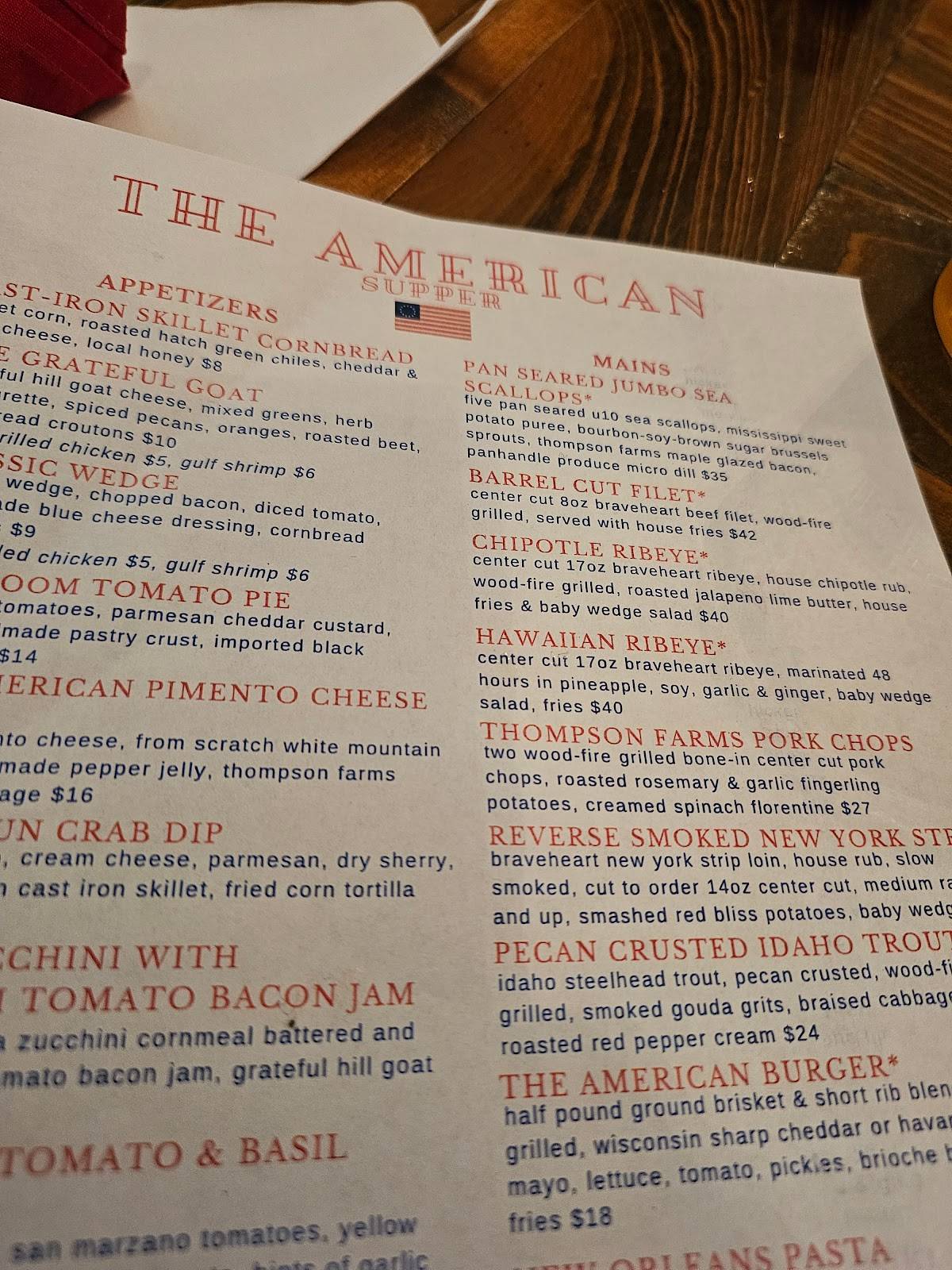 Menu at The American restaurant, Bainbridge