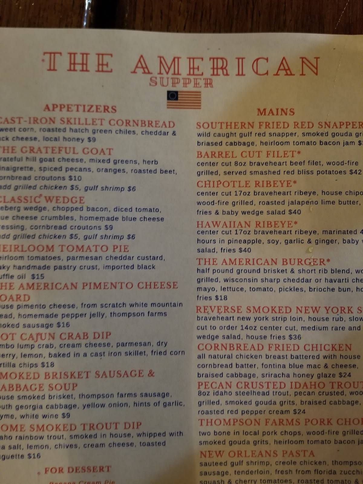 Menu at The American restaurant, Bainbridge