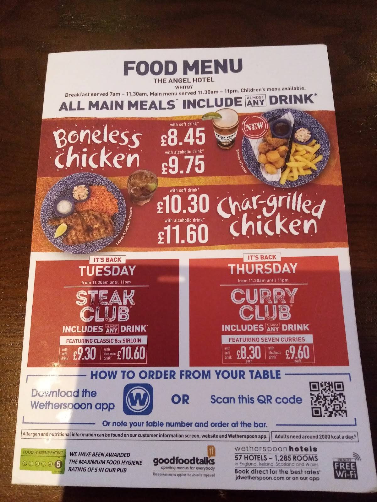 Menu at The Angel Hotel - JD Wetherspoon pub & bar, Whitby
