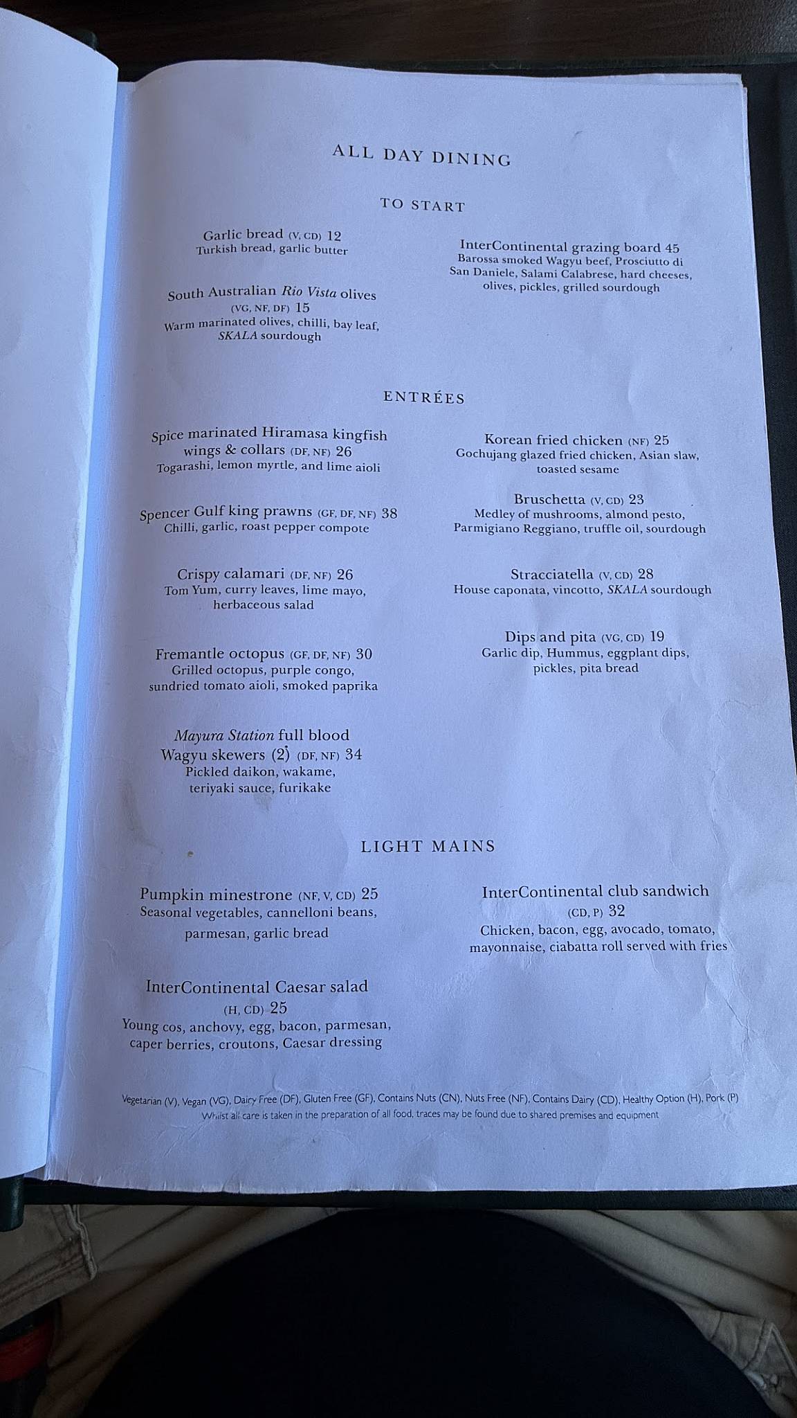 Menu at The Atrium Lounge restaurant, Adelaide, InterContinental Adelaide