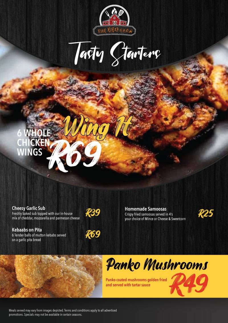 Menu at The BBQ Barn, Durban