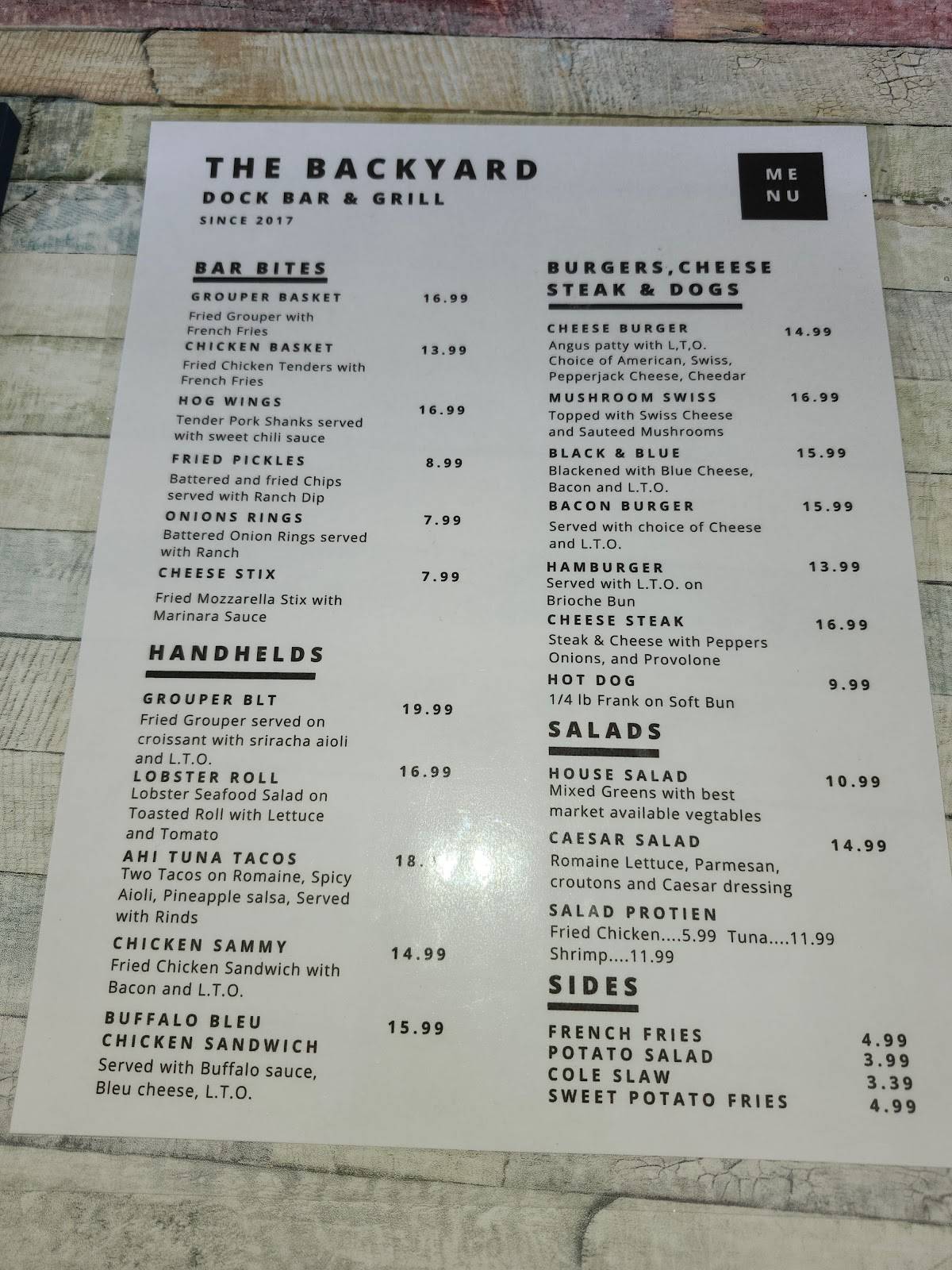 Menu at The Backyard at Skip’s Marina pub & bar, Englewood