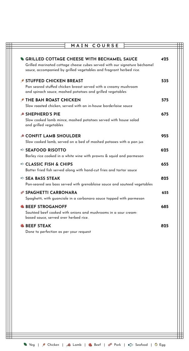 Menu at The Bah, Bengaluru