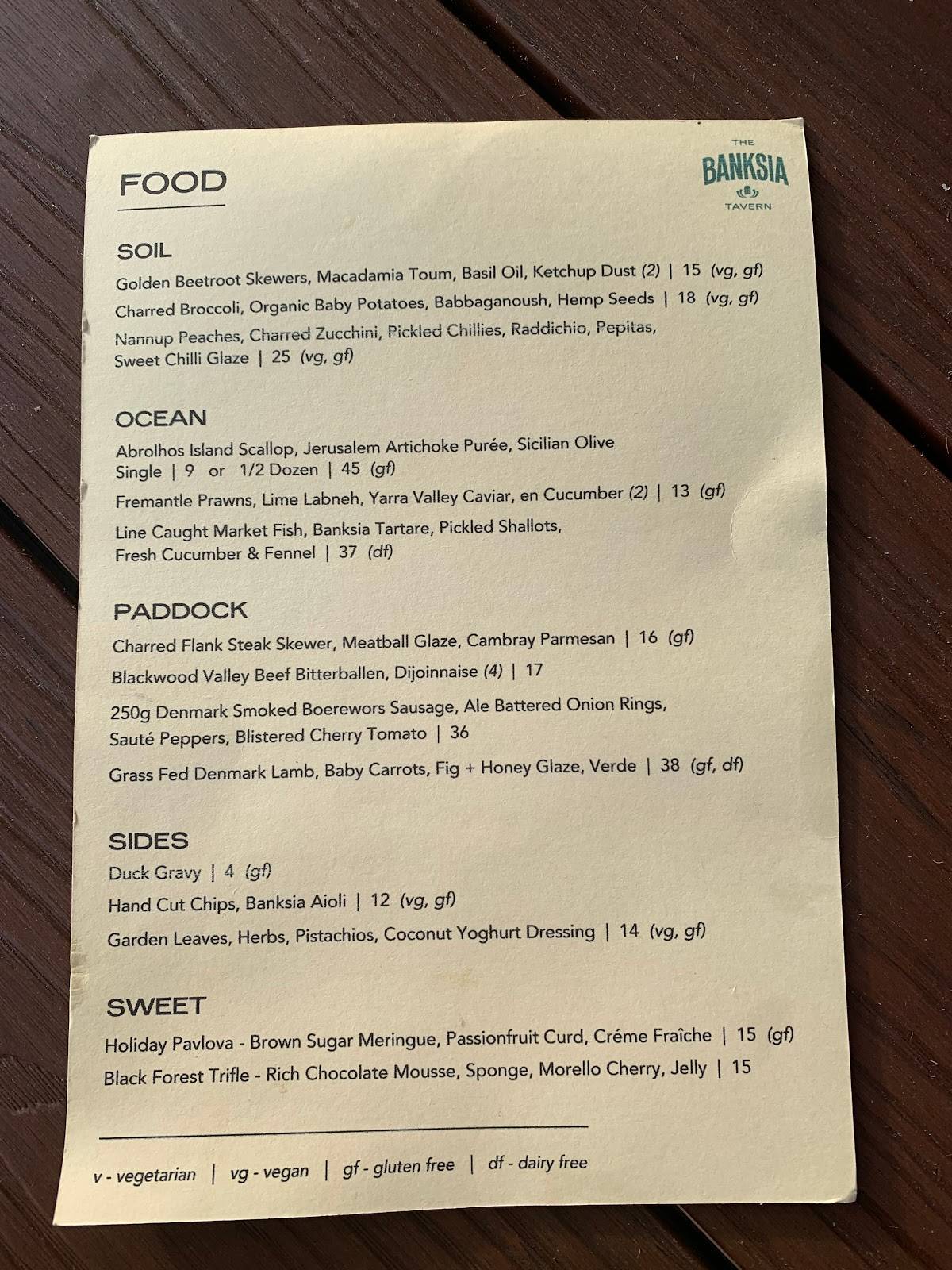 Menu at The Banksia Tavern restaurant, Busselton