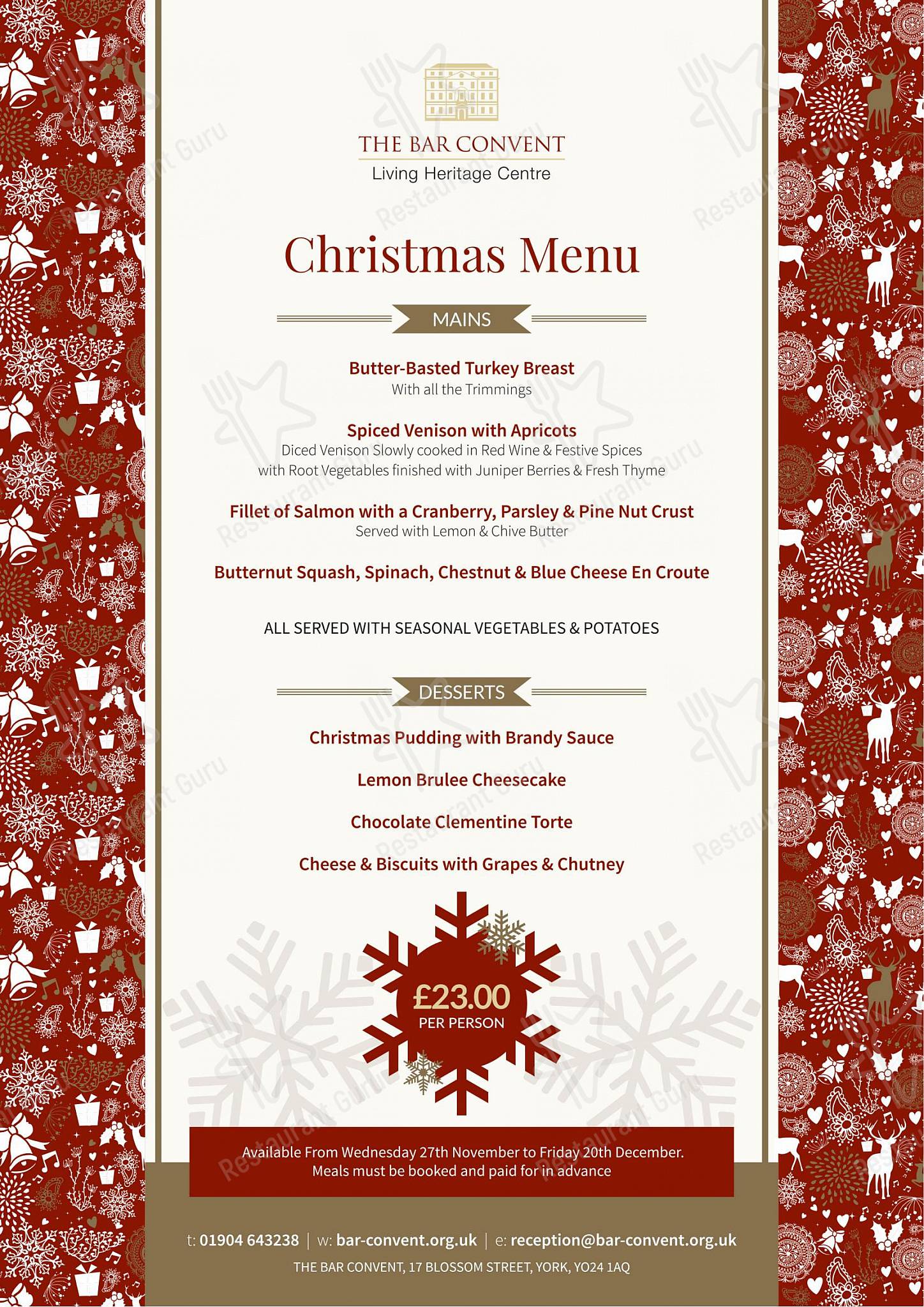 Menu at The Bar Convent, York