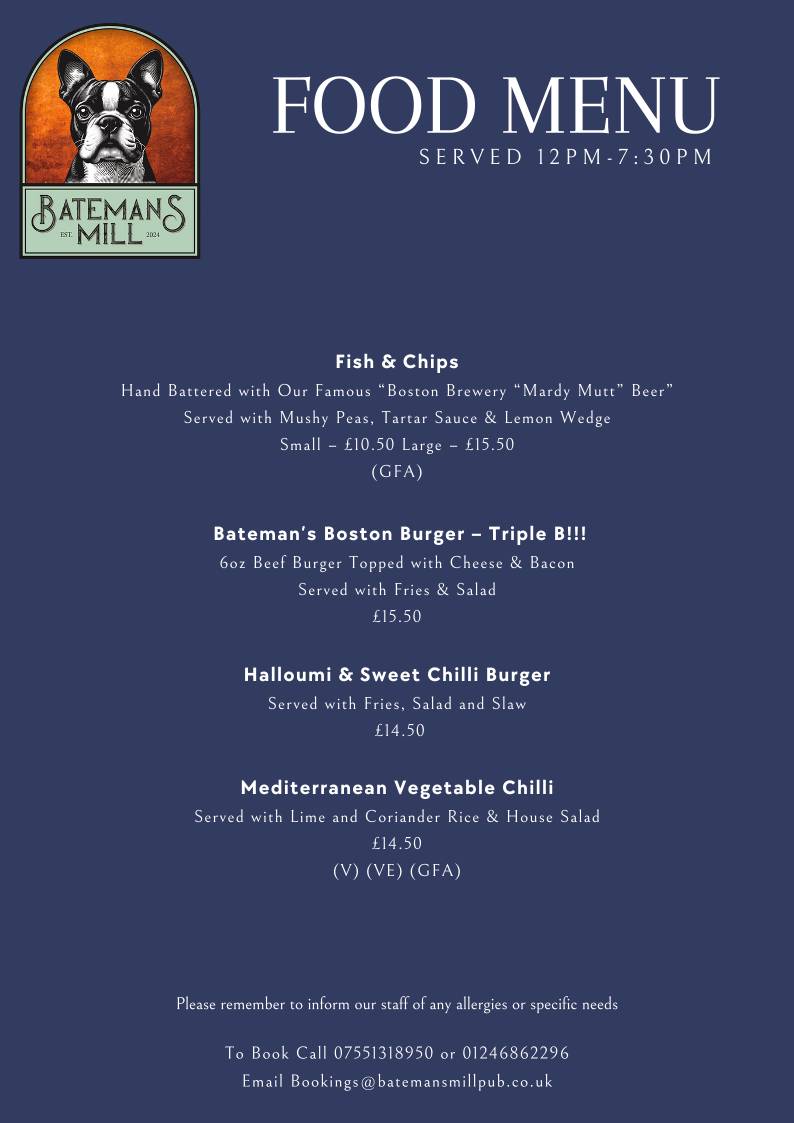 Menu at The Batemans Mill pub & bar, Chesterfield
