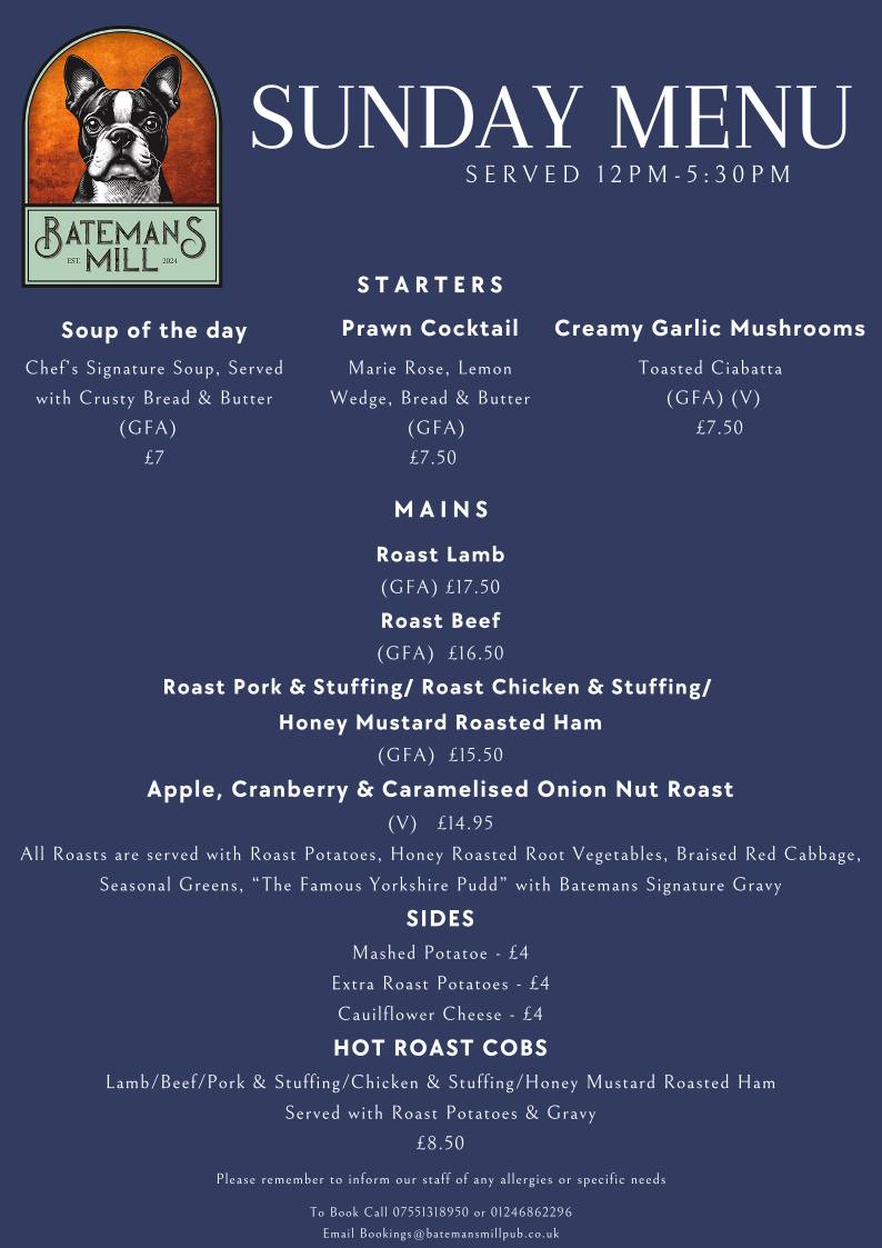 Menu at The Batemans Mill pub & bar, Chesterfield