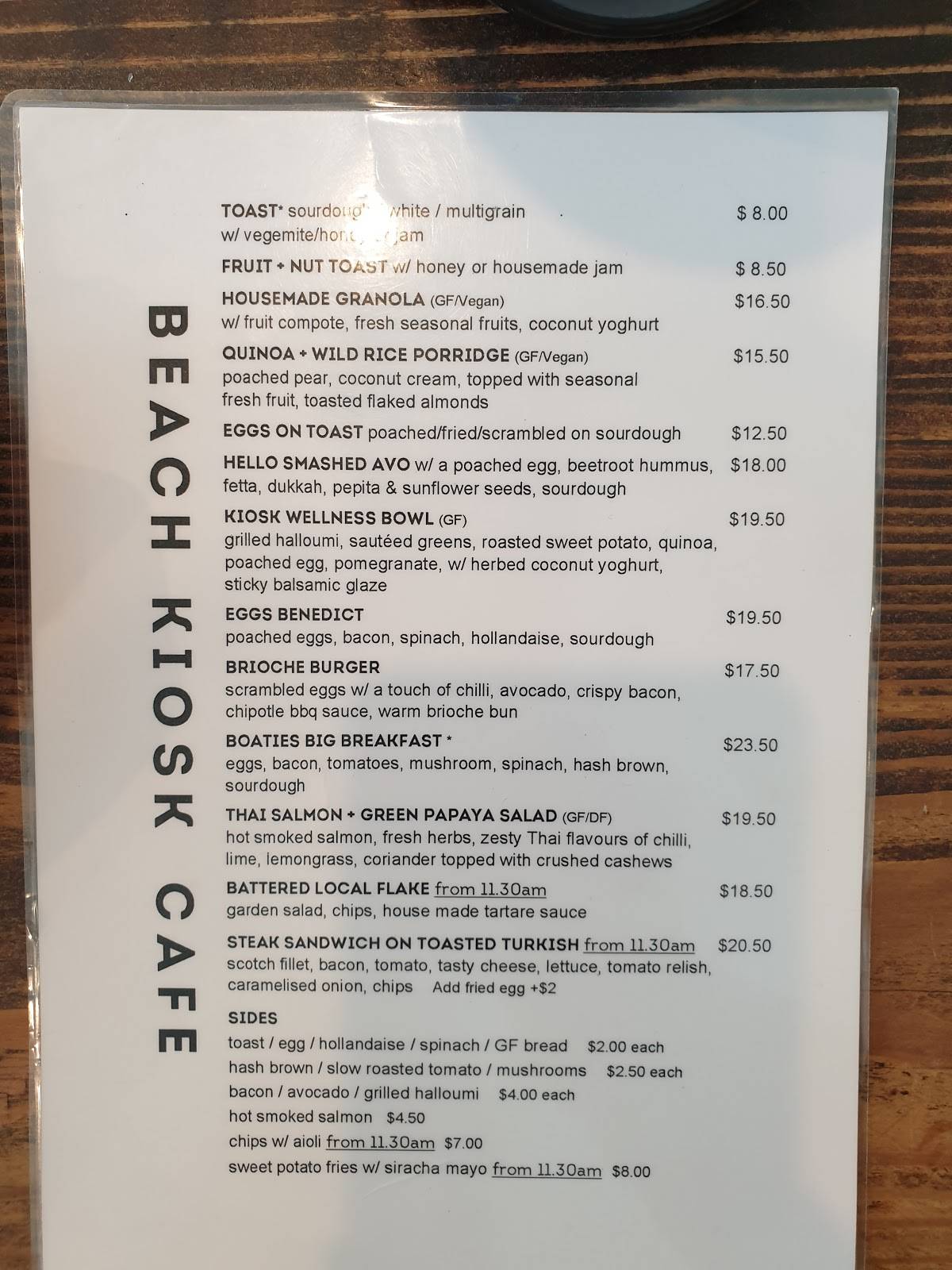 Menu at The Beach Kiosk Cafe, Warrnambool, 65 Pertobe Rd