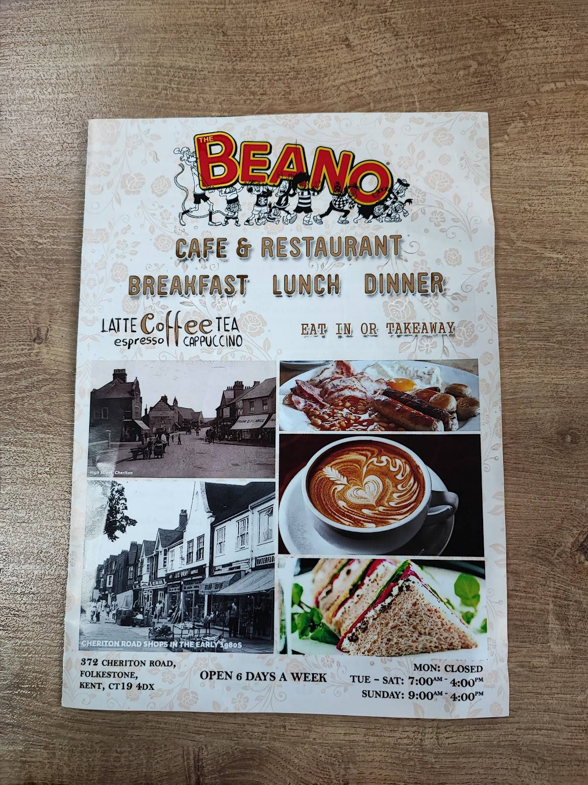Menu at The Beano Cafe, Folkestone